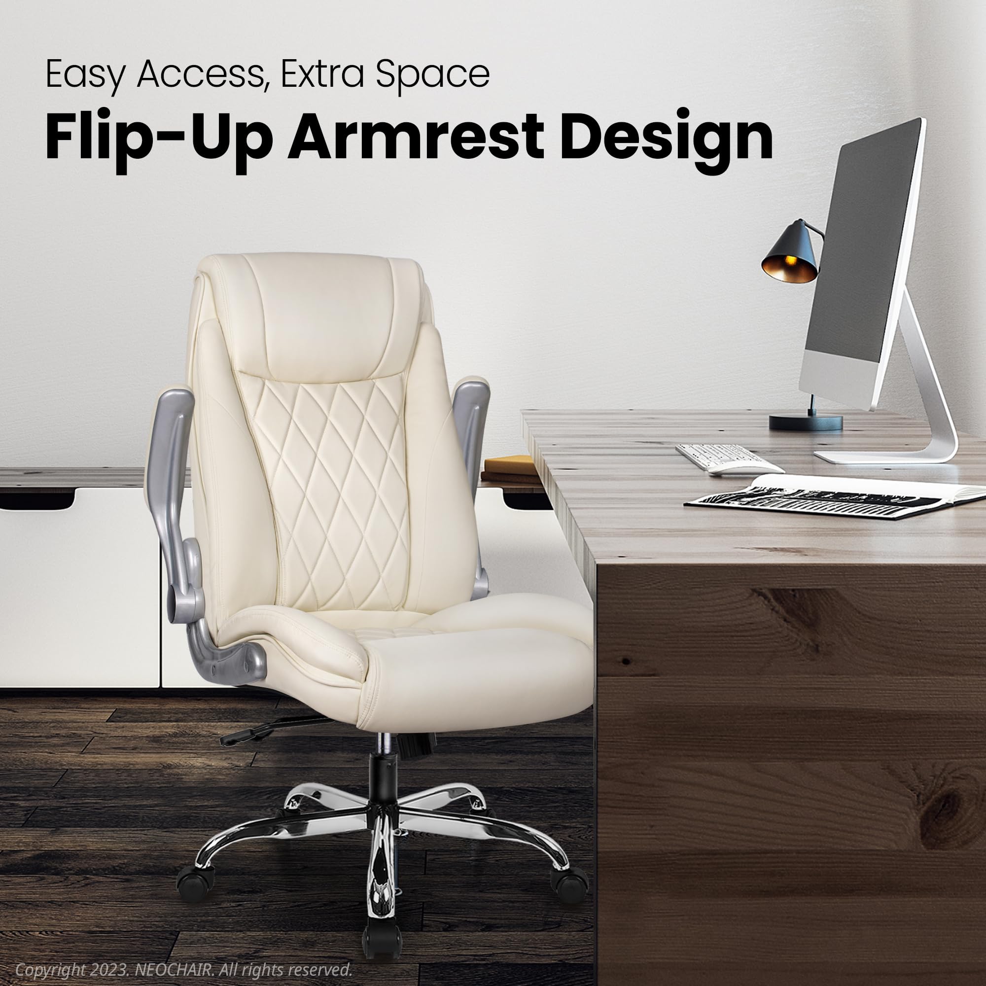 NEO CHAIR Office Chair Computer High Back Adjustable Flip-up Armrests Ergonomic Desk Chair Executive Diamond-Stitched PU Leather Swivel Task Chair with Armrests Lumbar Support (Ivory)