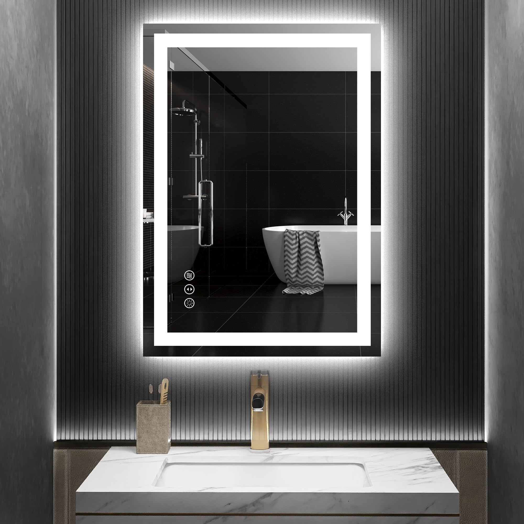 S¡BAGNO LED Bathroom Mirror with Lights 28"X20", Wall -Mounted Lighted Bathroom Vanity Mirror, Anti-Fog, Dimmable, Backlit+Front Lit, Tempered Glass, Memory Function(Horizontal/Vertical)