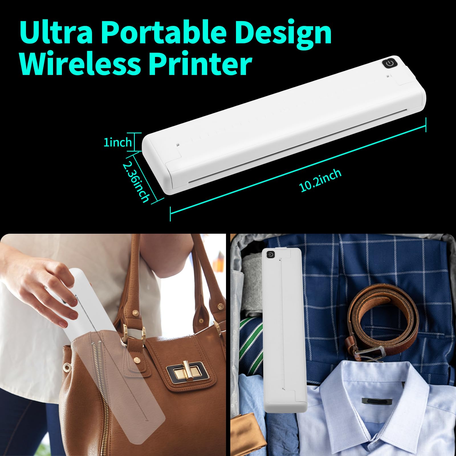 Nameer Portable Printers Wireless for Travel, Support 8.3" x 11.7" US Letter, Wireless Printer no Ink for Mobile Office (without Paper Bin, White)