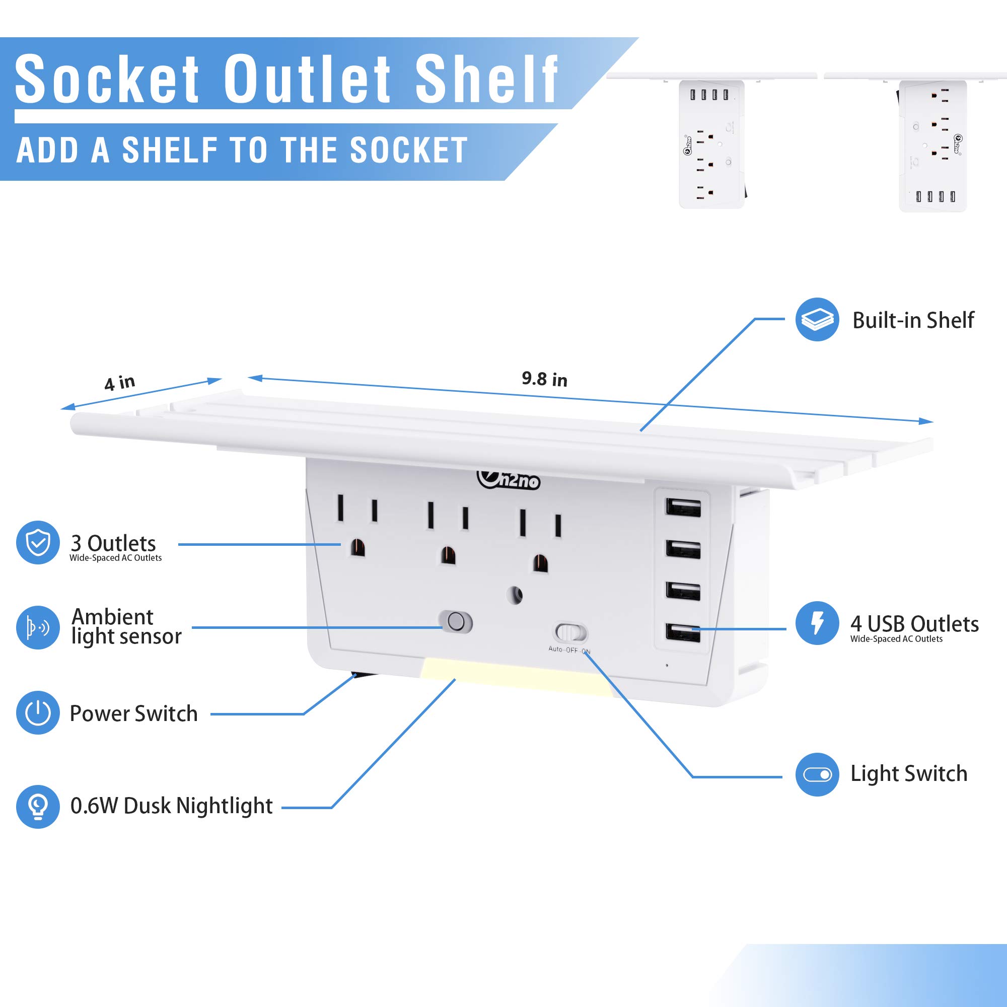 Socket Outlet Shelf, ON2NO Surge Protector Wall Outlet, 3AC Outlet and 4 USB Charging Ports, Electric Outlet Extender with Built-in Shelf and Smart Night Light to Create Charging Station in Home