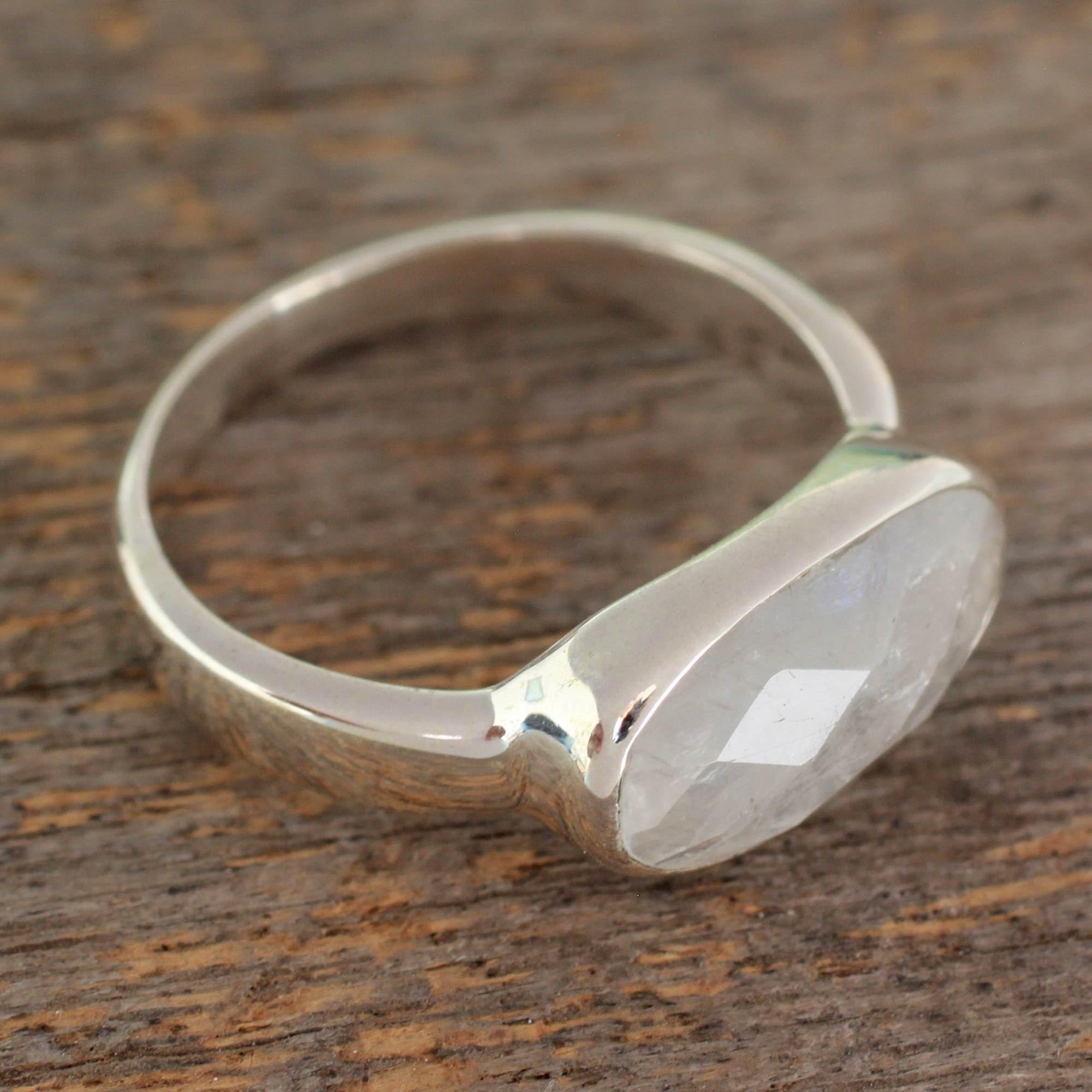 NOVICA Artisan Handmade Rainbow Moonstone Cocktail Ring Sterling Silver Clear Single India Modern [crownbezel 0.5 in L x 0.3 in W Band Width 3 mm W] ' Rainbow Mist'