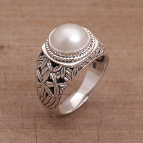 NOVICA Artisan Handmade .925 Sterling Silver Cultured Freshwater Pearl Domed Ring Single Stone White Cocktail Indonesia Leaf Tree Birthstone 'Bamboo Dreams'