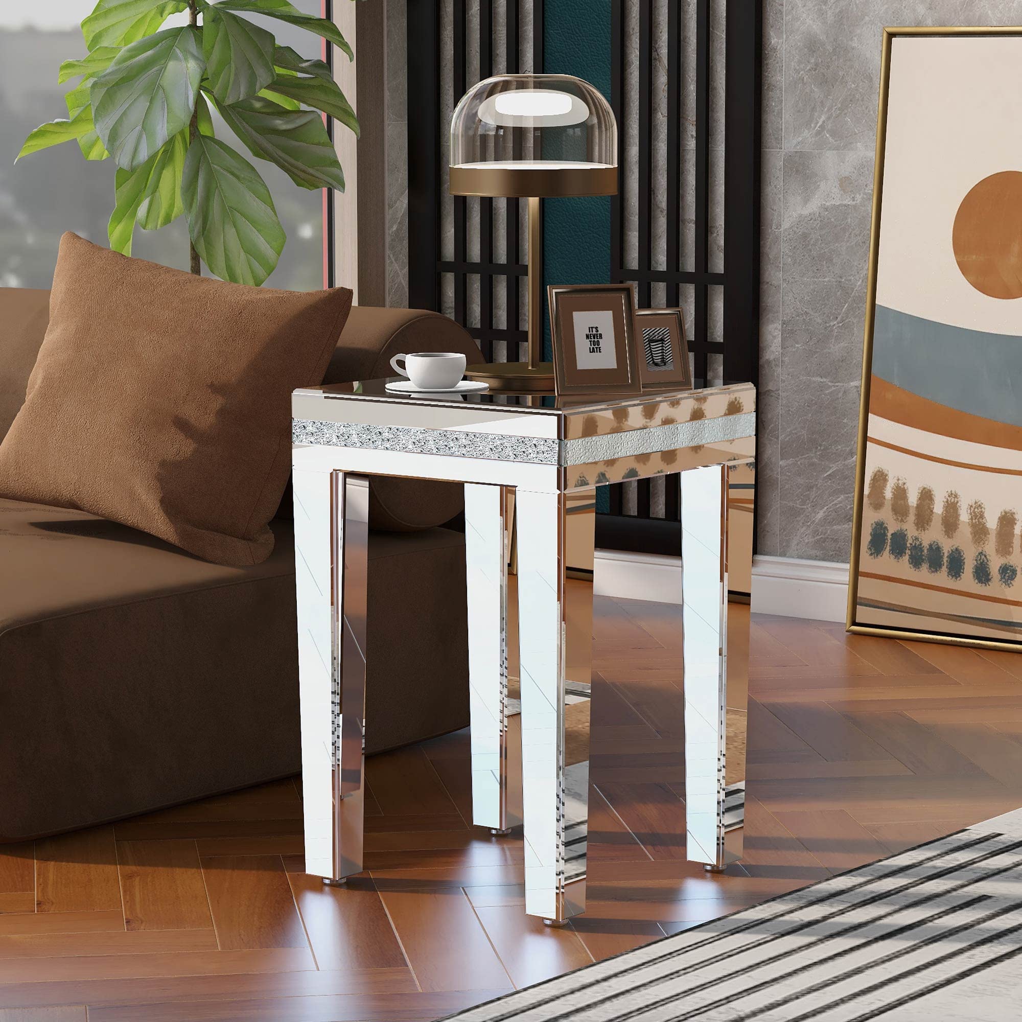 Modern Glass Mirror Side Table with Crystal Design and Adjustable Height Legs Corner Table Sofa Table Nightstand Small Coffee Table Surface Fully Mirrored Suitable for Bedroom Living Room Office