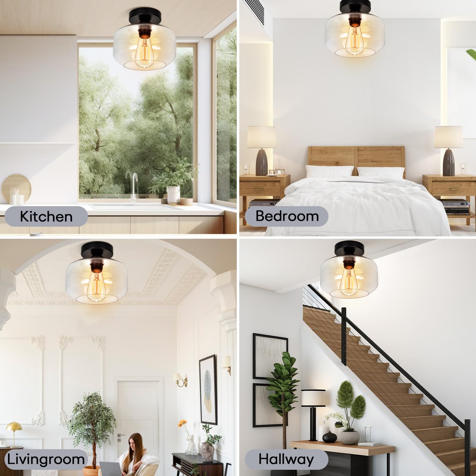 Modern Industrial Semi Flush Mount Light Fixture with Clear Glass Shade - Pendant Lights for Dining Room, Kitchen, Bedroom and Hallway