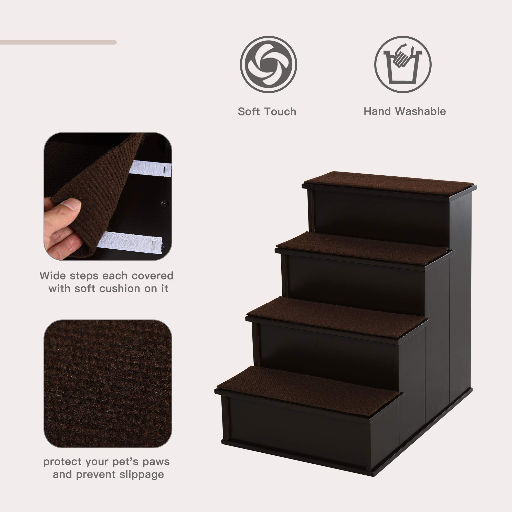 PawHut Pet Stairs, Small Pet Steps with Cushioned Removable Covering for Dogs and Cats Up to 22 Lbs., Brown