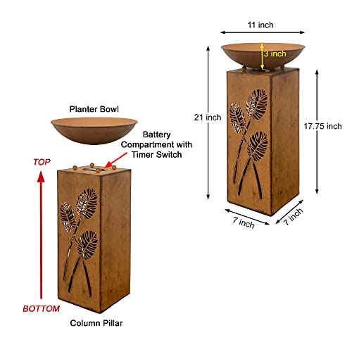 Westcharm Rustic LED Pillar Garden Statue with Planter Dish Bowl and Automatic Timer - Decorative Column Outdoor Statue with Leaves Motif for Home Yard Patio Outdoors Garden Decoration