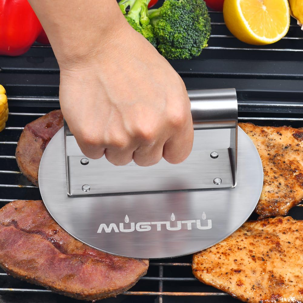 MUGTUTU Stainless Steel Burger Press, 6.3 Inch Smash Burger Press, Non-Stick Smooth Hamburger Press, Bacon Press, Grill Press Perfect for Flat Top Griddle Grill Cooking (6.3IN Flat)