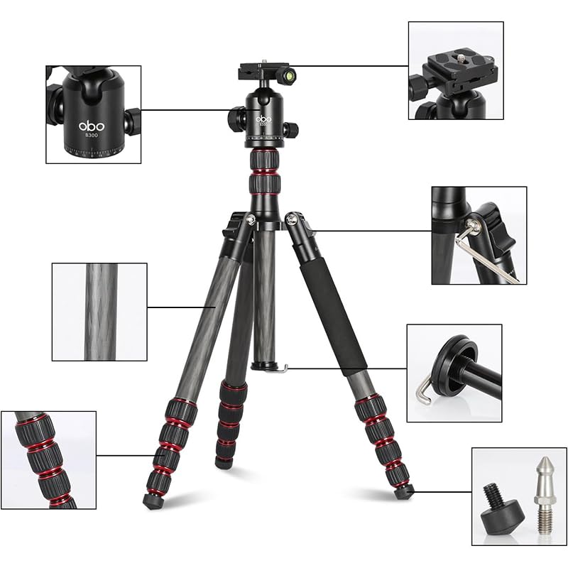 OBO N3 Carbon Fiber Camera Tripods for Digital DSLR Cameras with Quick Release Plate and Ball Head,Red and Black