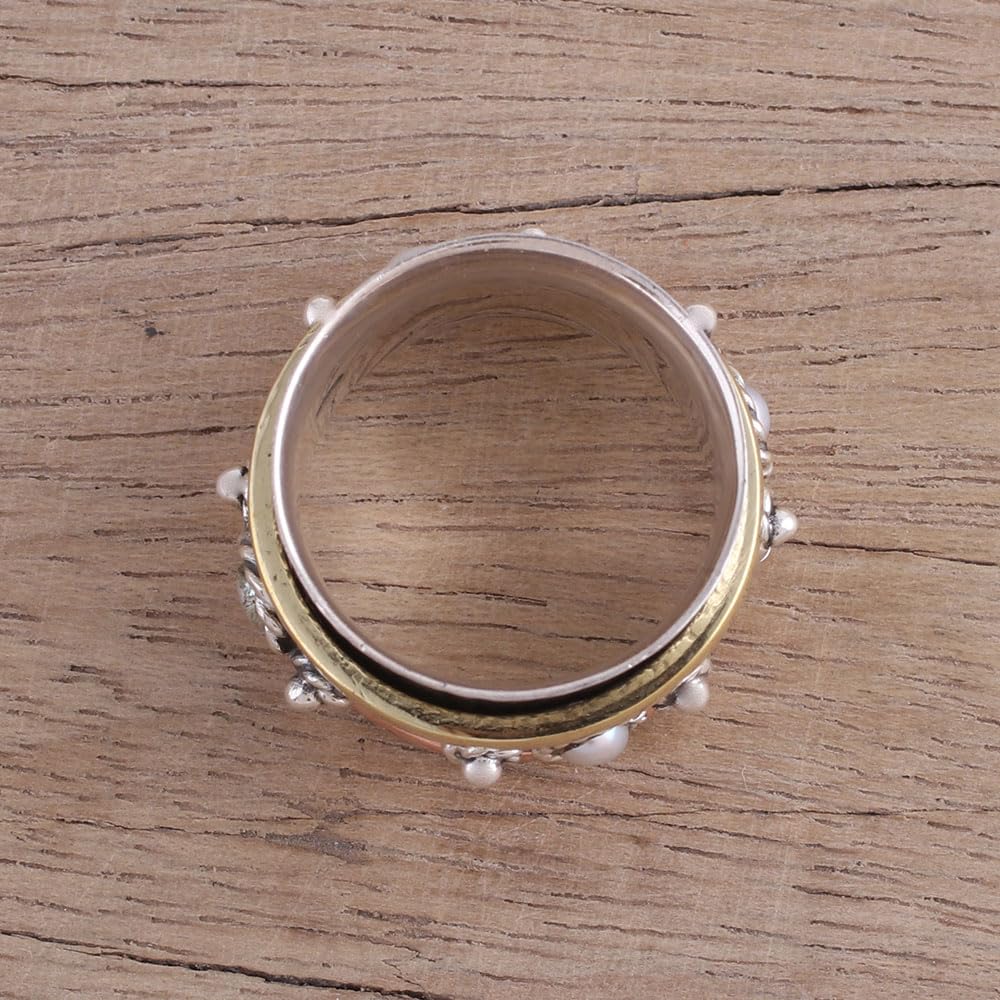 NOVICA Artisan Handcrafted Cultured Pearl Meditation Spinner Ring Sterling Silver with Brass Copper Freshwater Metallic Tone White Band India Birthstone [band Width 13 mm W] ' Spinning Blossom'