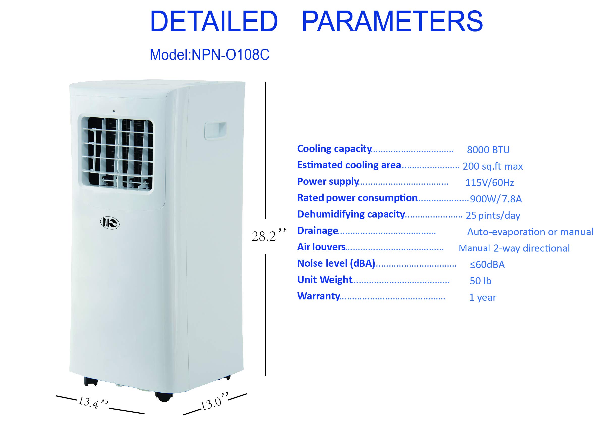 Portable Air Conditioner, 8000 BTU (SACC), 200 sq.ft, Standing Room AC Unit with LED Display, Remote Control and 24-Hour ON/OFF Programmable Timer, Low Noise Level, ETL Certified
