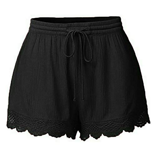 Womens Shorts for Summer Plus Size Casual Drawstring Soft Lace Crochet Elastic Waist Solid Color Bermuda Running Shorts Womens Shorts (Black,XXXXL)