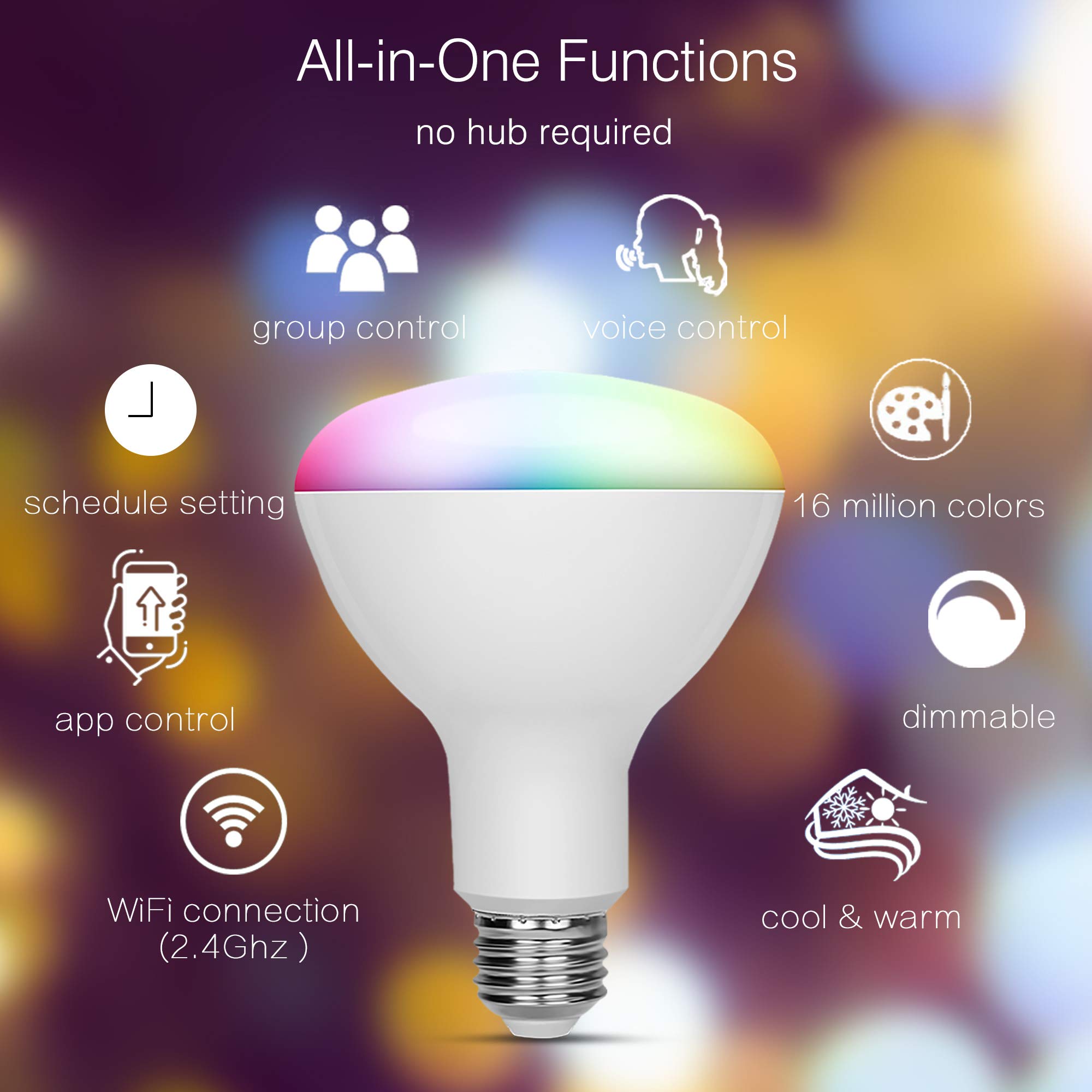 OHLUX Smart Light Bulbs,BR30 WiFi Flood Lamp,10W 900LM,App Remote Control,Dimmable Multicolored LED,E26 Base,100-240V,Compatible with Alexa Google Assistant 1-Pack
