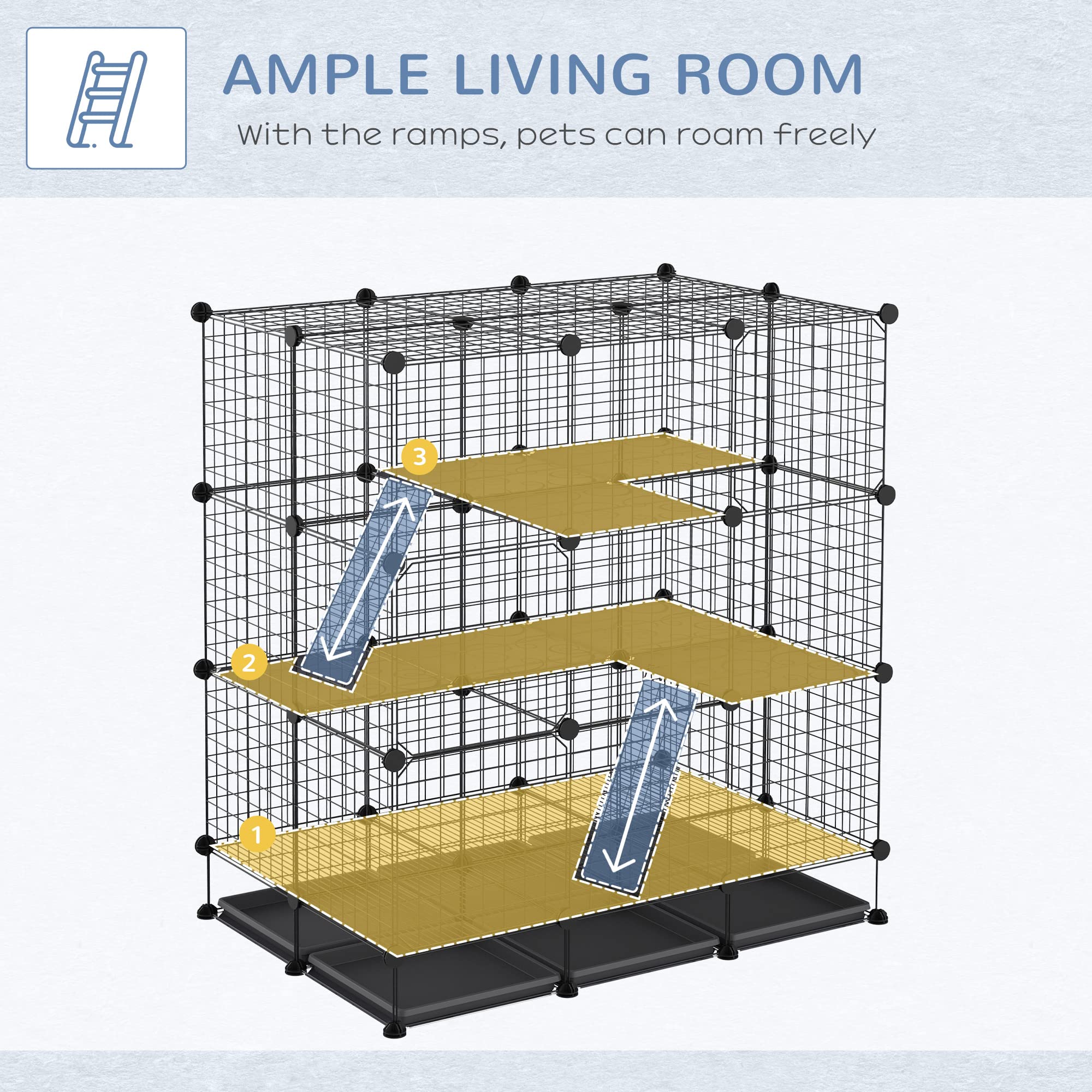 PawHut Small Animal Playpen C&C Cage Wire Bunny Pen for Kitten, Chinchillas, with Doors, Ramps and Trays, Black