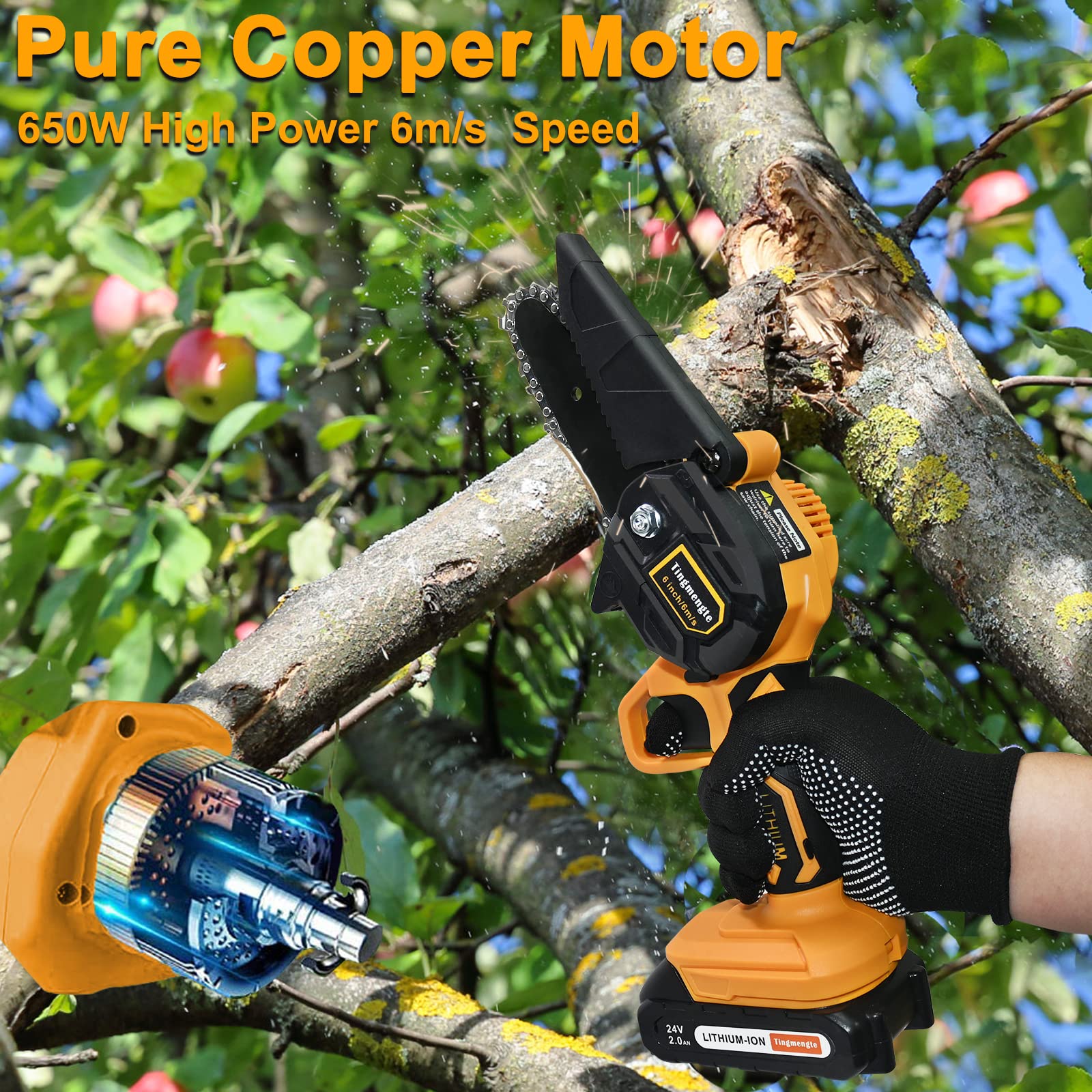 Mini Chainsaw 6 Inch, Cordless Mini Chainsaw Battery Powered with 24V 10000mAh Rechargeable Battery, 2.57Lb One-Hand Use Electric Chainsaw, Handheld Chainsaw for Tree Trimming Wood Cutting