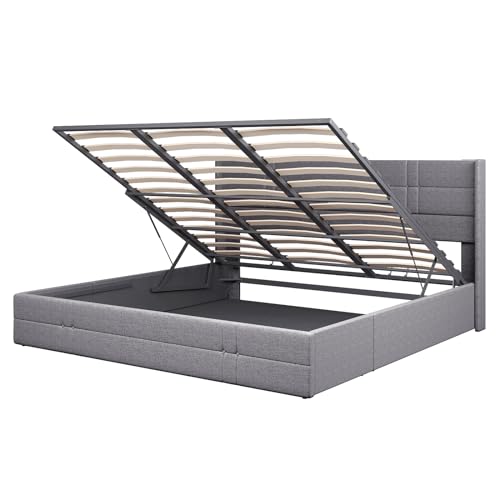 Novilla King Size Lift Up Storage Bed, with Fabric Headboard, Hydraulic Storage, No Box Spring Needed, Wood Slats Support, Upholstered Platform Bed Frame, Easy Assembly, Gray