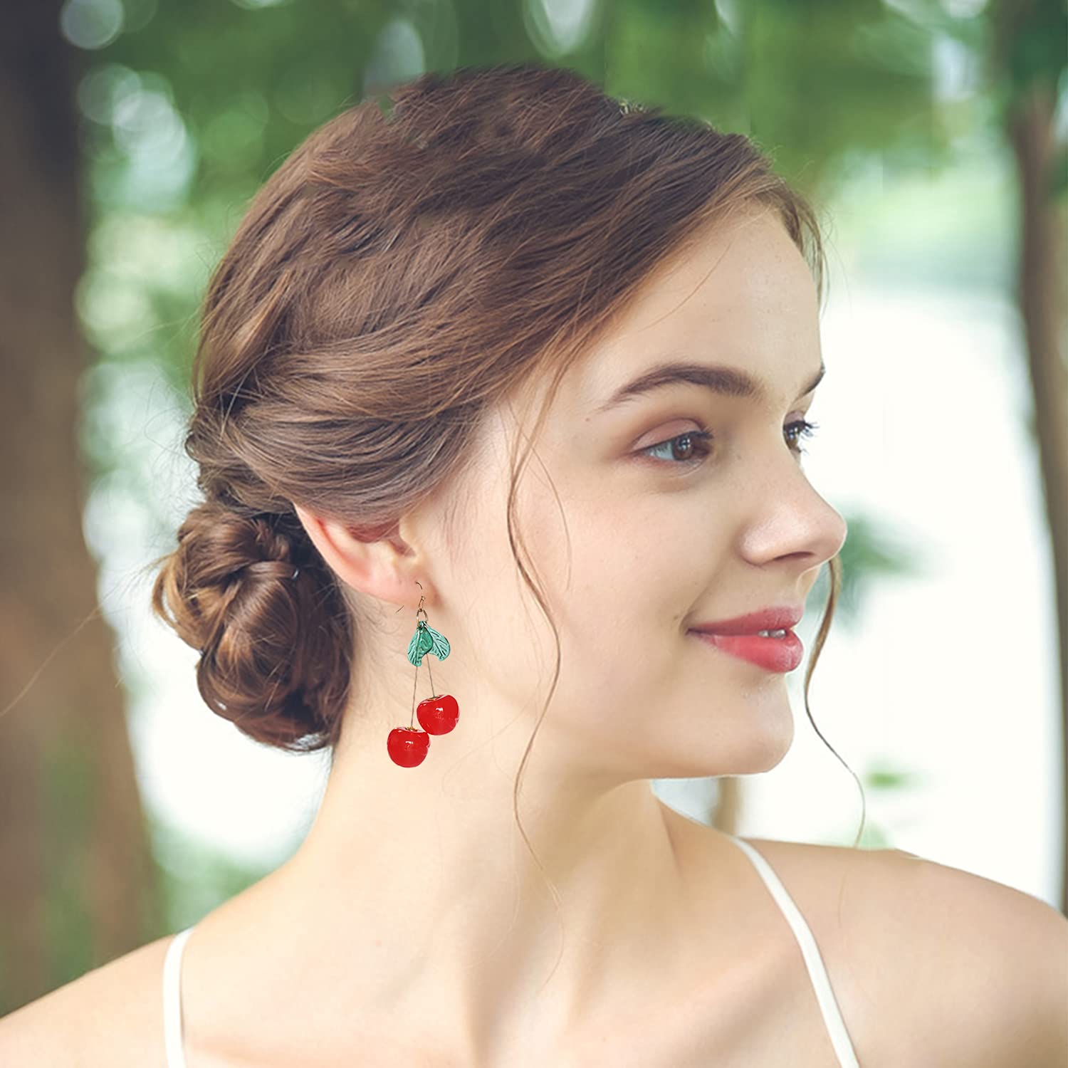 T-ztoss 18K Gold Plated Vintage 3D Red Big Cherry Charm& Green Crystal Leaf Fruit Tassel Women Hook Dangle Drop Earrings for Women(cherry earrings)