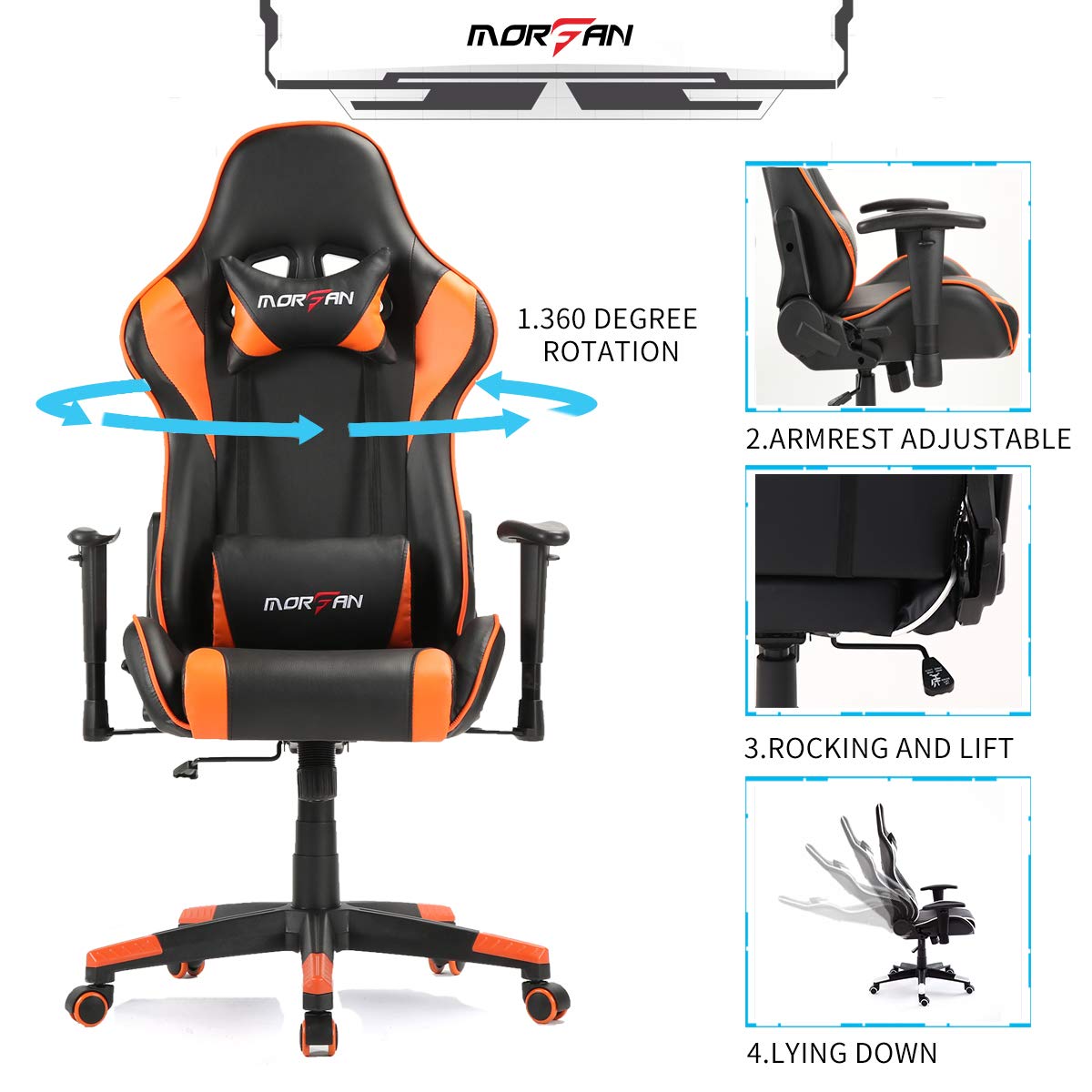Morfan Gaming Chair New Size with Massage and Rocking Function Computer Office Racing Chair (Orange)