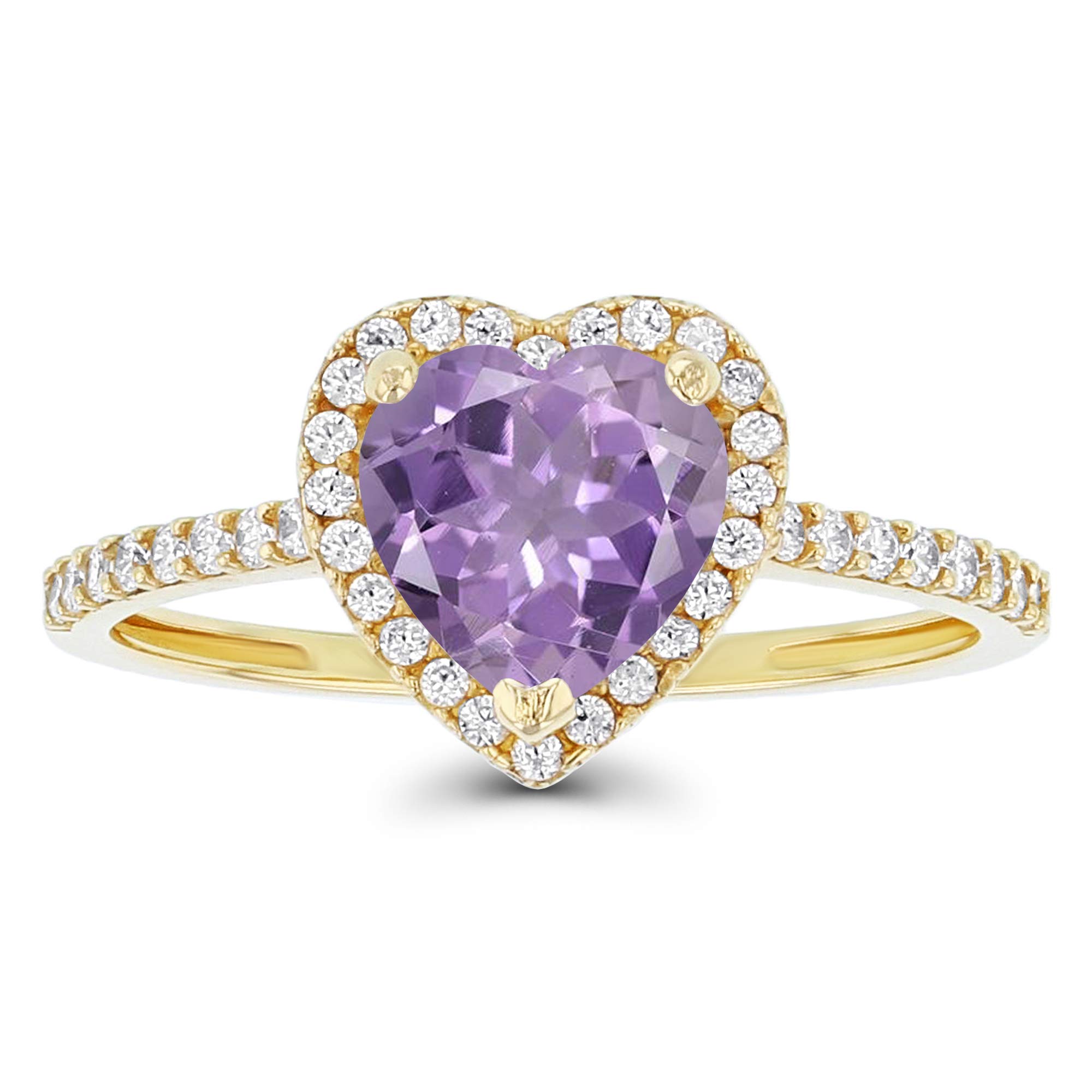 Solid 14K Yellow Gold 7mm Heart Shape Created Pink Sapphire Birthstone Halo Engagement Ring For Women, Size 7