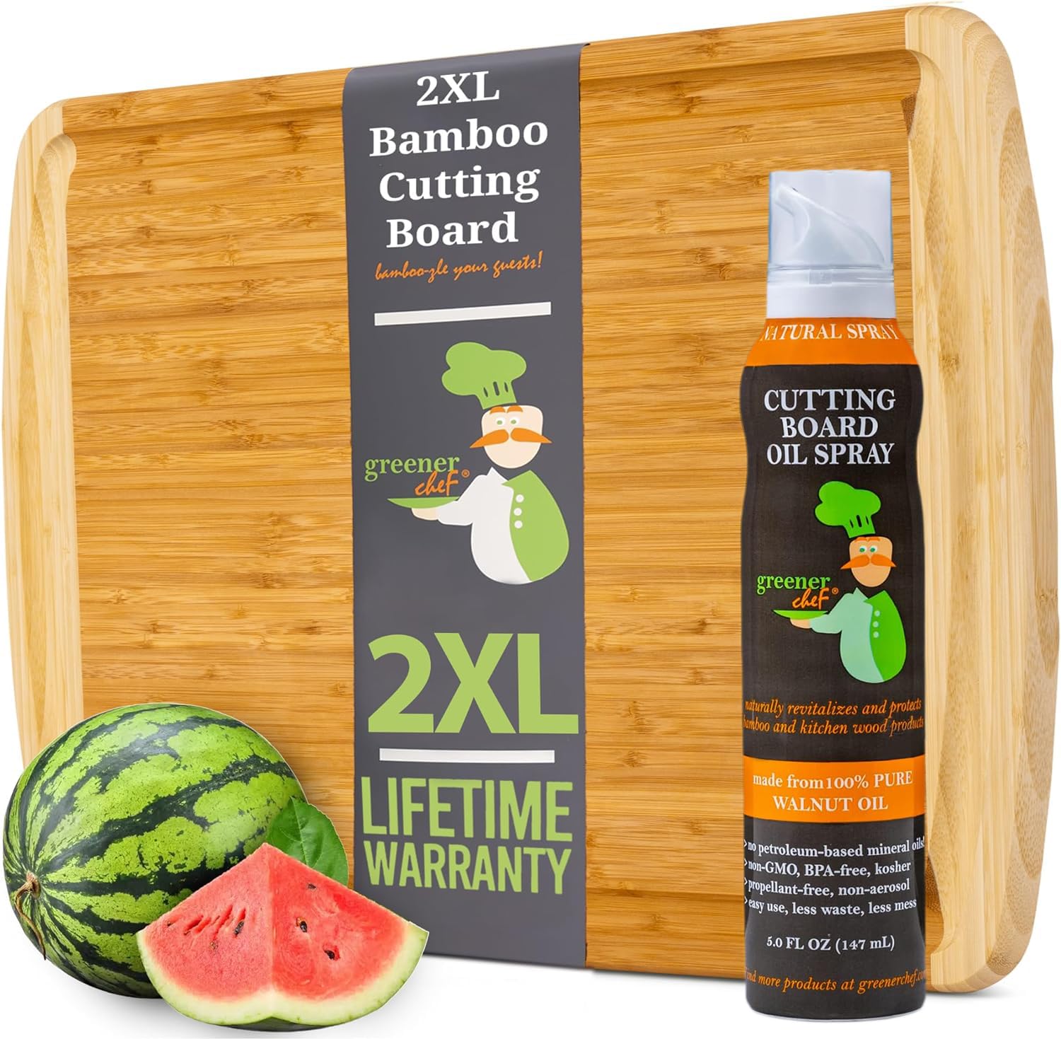 XXL Bamboo Cutting Board and Food Grade Oil Spray by Greener Chef