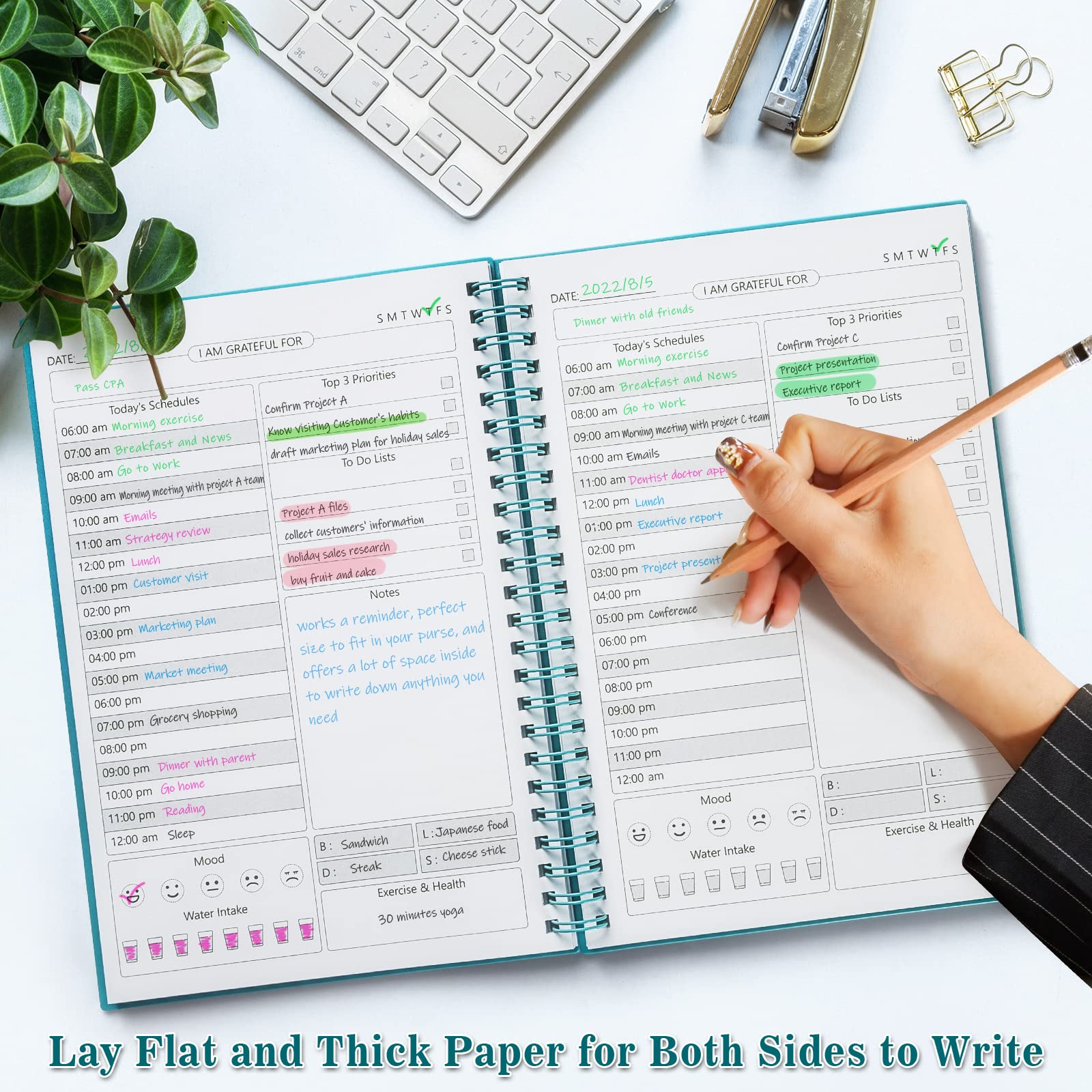 Planner, Daily Planner with To Do List, Hourly Appointment, Contacts and Passwords, Undated, Day Planner for College Students and Work, Flexible Cover, Elastic Closure, Inner Pocket, A5 (Blue)