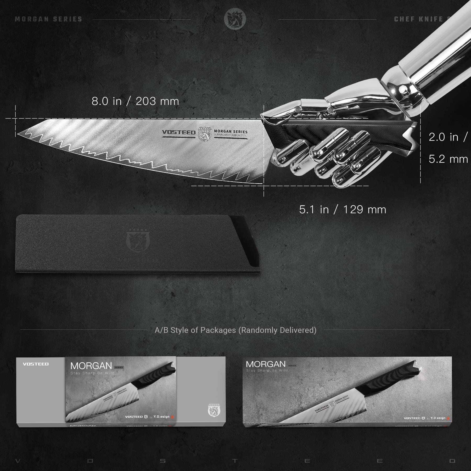 Vosteed 8 Inch Chef Knife Professional Cooking Knife For Kitchen Razor Sharp Kitchen Knife With Sheath-9CR18MOV High Carbon Stainless Steel Knife With G10 Handle, Gift Box - Morgan Series