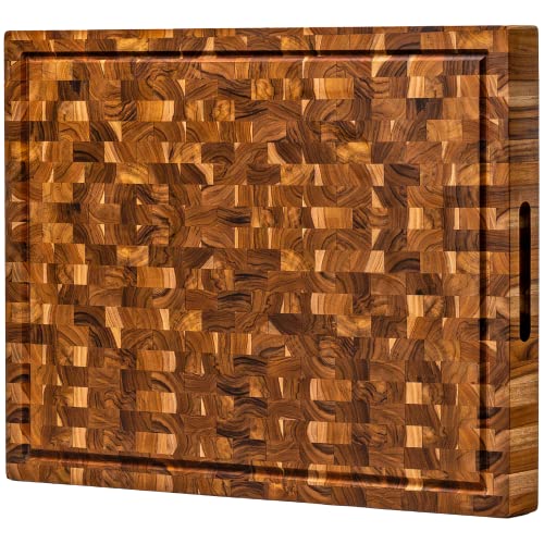 XXL End Grain Butcher Block Cutting Board [1.5" Thick]. Made of Teak Wood and Conditioned with Beeswax, Flaxseed Oil & Lemon Oil. 23" x 17" Chopping Board by Ziruma.