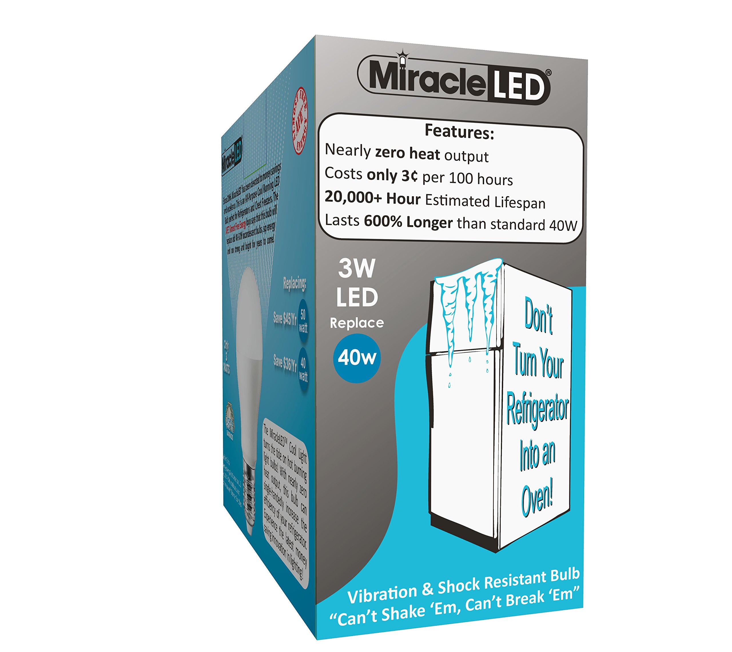 MiracleLED 604724 3-watt Refrigerator and Freezer Light, Long Life Energy Saver Bulb, Cool White, 2-Pack, Replacing Old, Hot 40W Incandescent