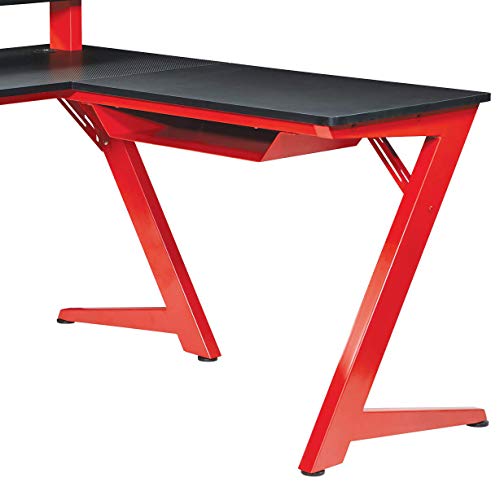OSP Home Furnishings Avatar Battlestation L-Shape Gaming Desk with Bluetooth RGB LED Lights and Carbon Fiber Surface, Red