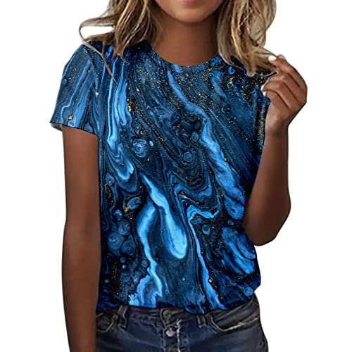 Womens Spring Summer Flower Printed Short Sleeve O Neck T Shirt Top Dark Blue