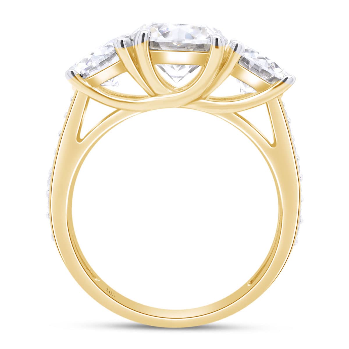 SAVEARTH DIAMONDS Three Stone Design, 3.40 Cttw Center 8MM Round Cut Lab Created Moissanite With Accents Engagement Ring In 10K Solid Yellow Gold (VVS1 Clarity) Size-6.5