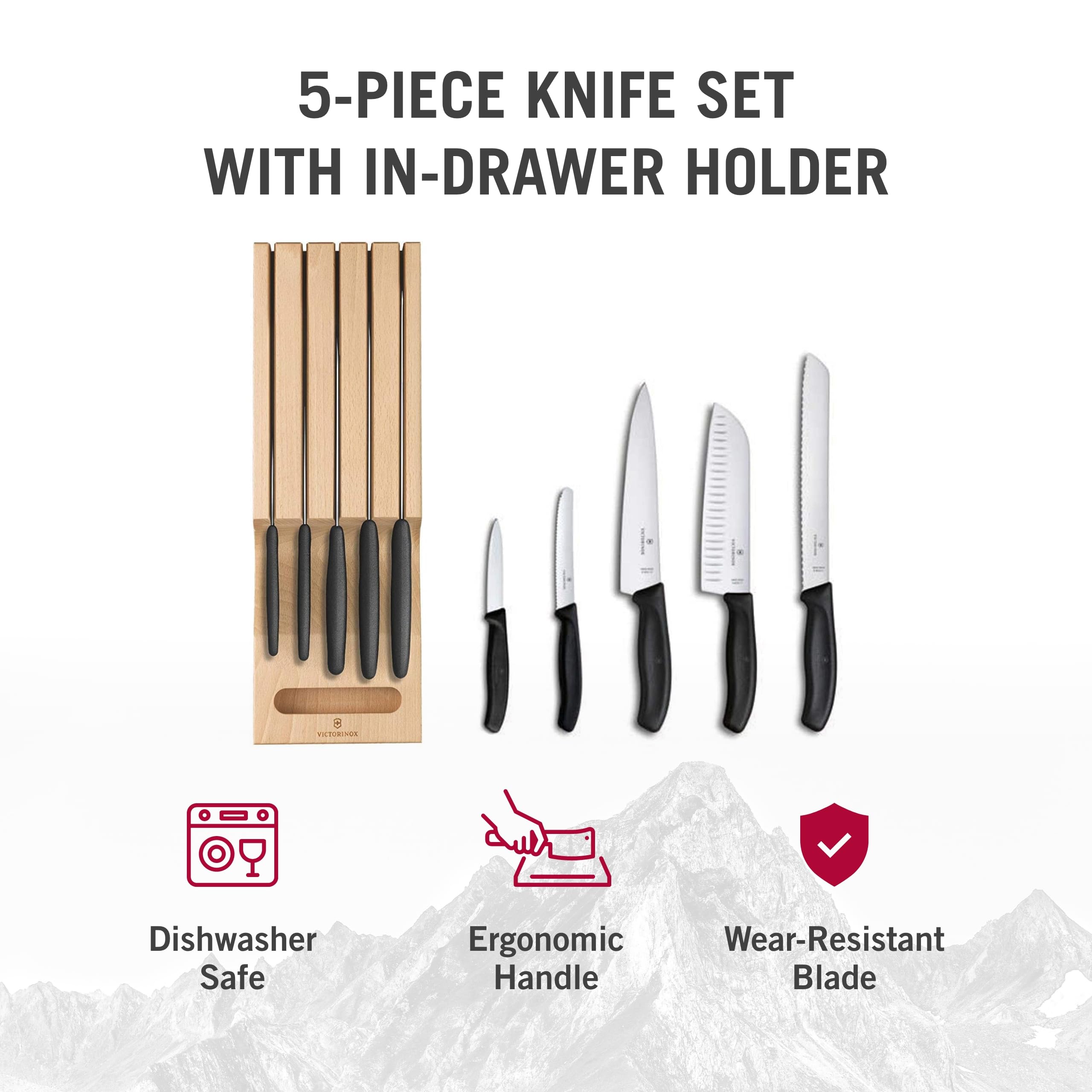 Victorinox Swiss Classic In-Drawer Knife Holder & Knife Set - Includes Knife Organizer, Bread Knife, Santoku Knife, Carving Knife, Paring Knife & Tomato & Table Knife - 6-Piece Set