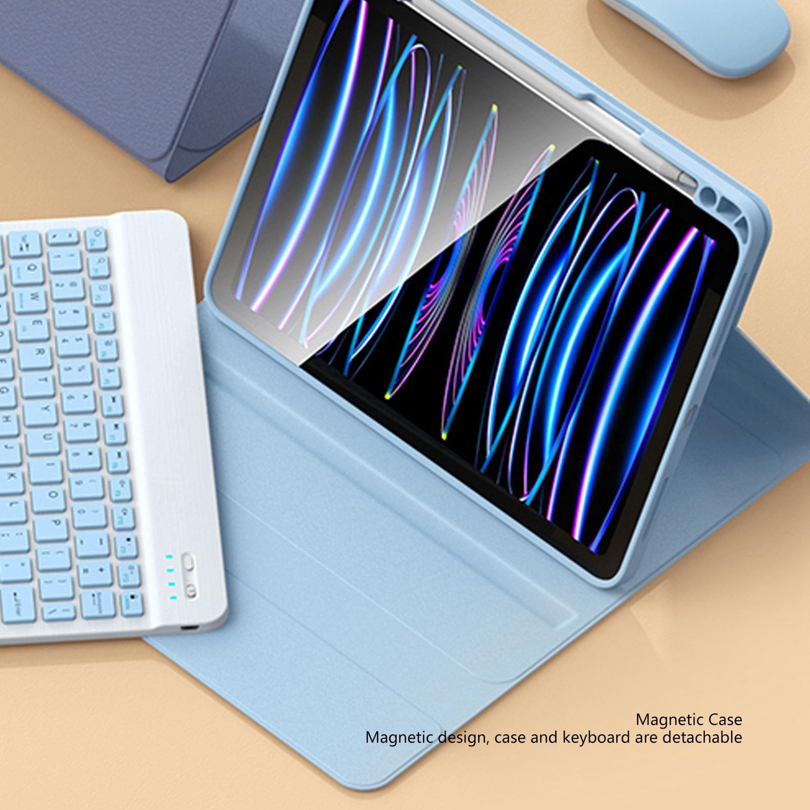Portable Keyboard, 180mAh Battery PU Leather PC Pen Holder Magnetic Rotating Design Precise Cutouts Wireless Keyboard with Case for 2022 Tablet (Blue)
