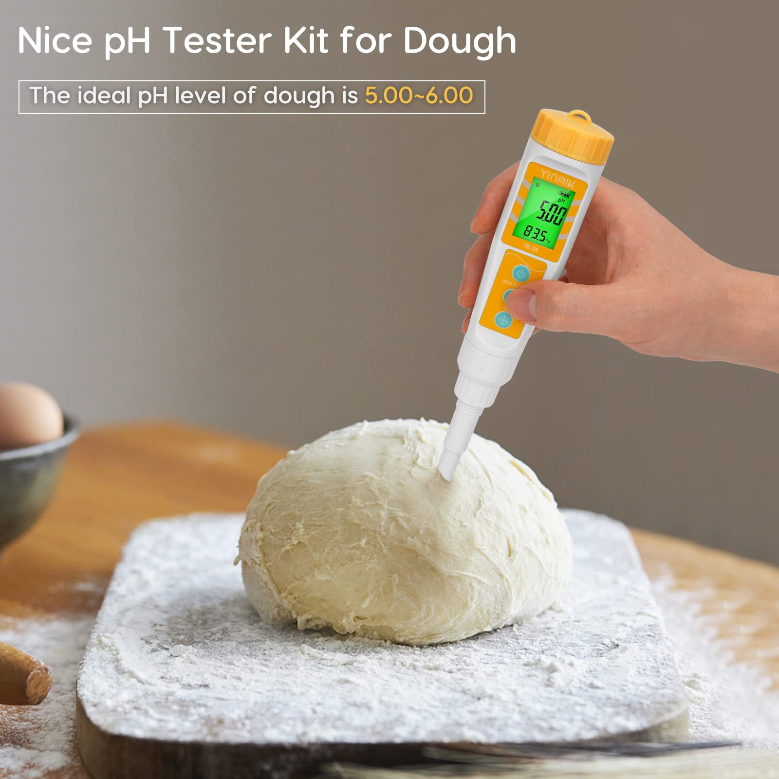 YINMIK Digital pH Meter for Food, pH Probe for Sourdough and Bread Dough, Checking The pH of Fermenting Sausages and Salami, Waterproof pH Tester for Solid and Liquid Soft Soil Sample