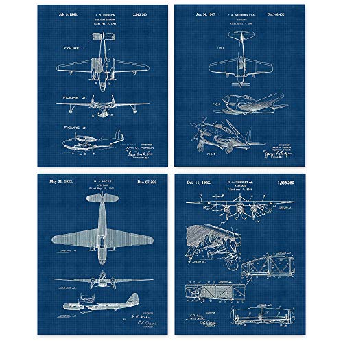 Vintage Propeller Airplanes Patent Prints, 4 (8x10) Unframed Photos, Wall Art Decor Gifts Under 20 for Home Office Man Cave Shop College Student Teacher Aircraft Mechanic Pilot Aviation Engineer Fans