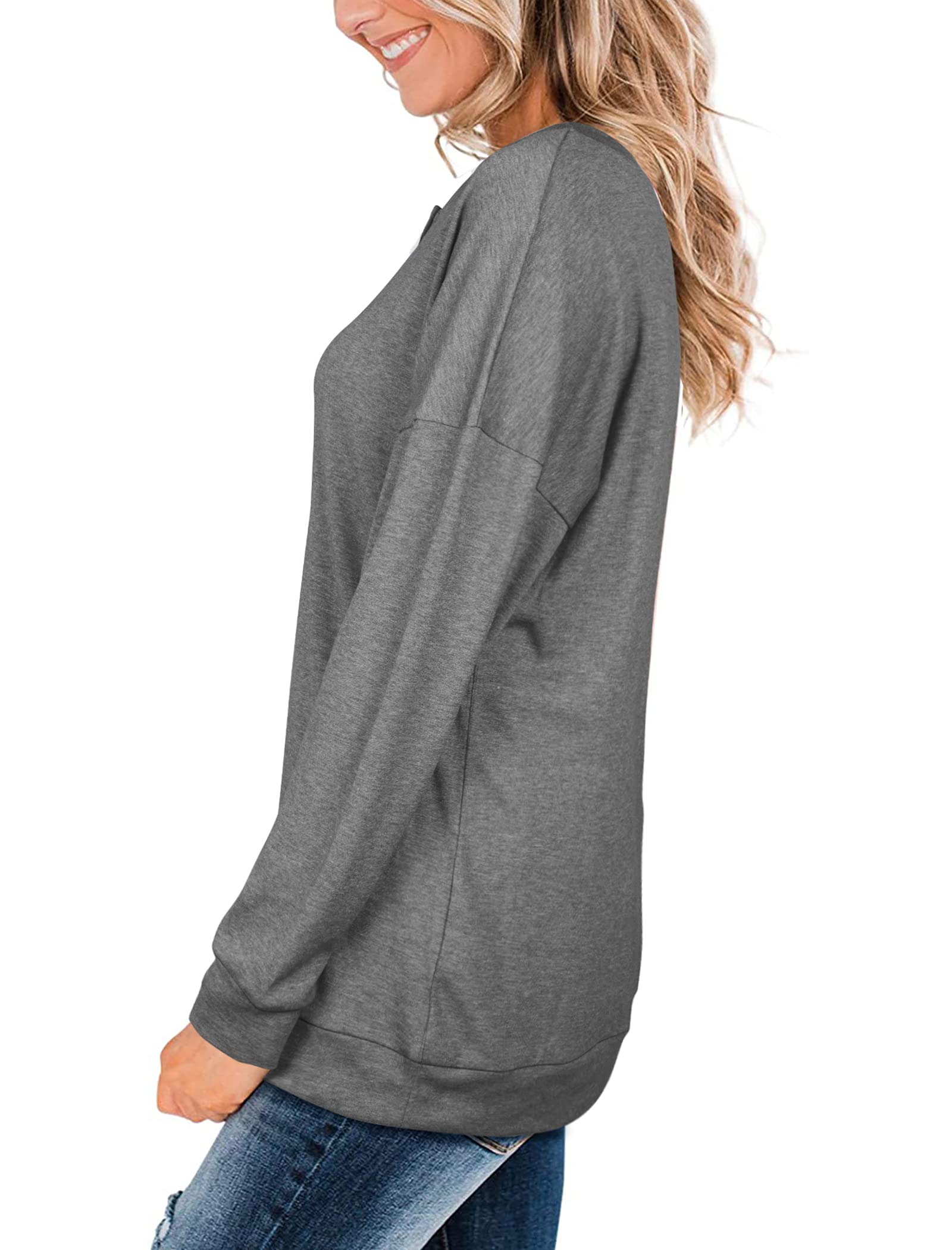Saloogoe Tunic Sweatshirt for Women Oversized Long Sleeve Shirts Button Casual Tops Grey M