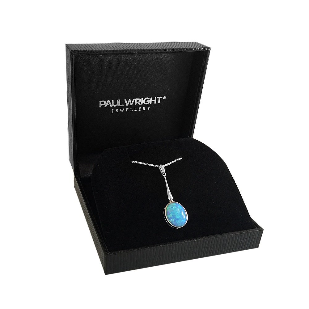 Paul Wright Created Blue Opal Necklace, in 925 Sterling Silver, 15mm x 10mm Oval Drop Pendant Design, Vibrant Blue Color, 16β plus 2β Extender