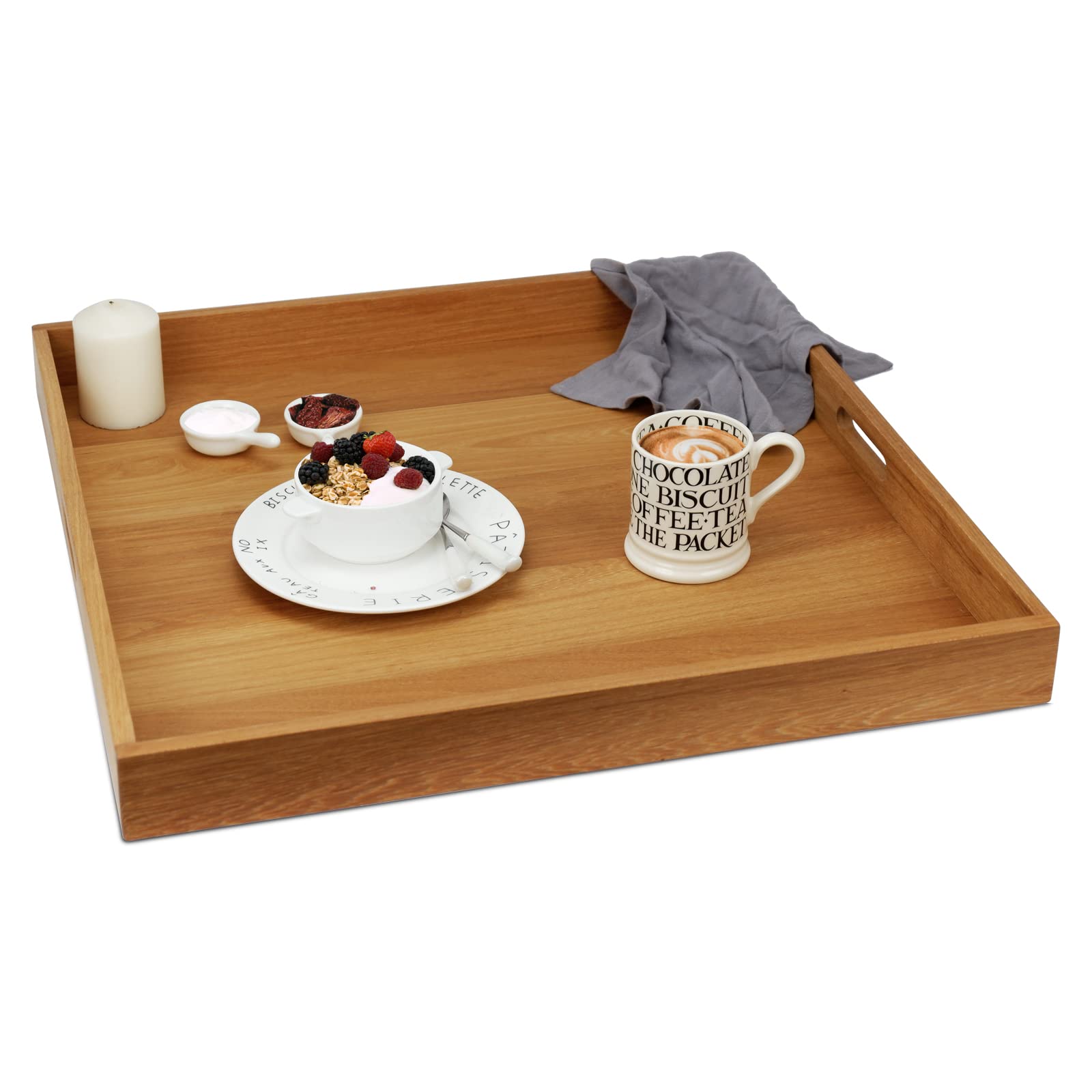 Rysowda Large Square Teak Wood Ottoman Tray with Handles - 24x24 Inch Wooden Decorative Serving Tray for Coffee Table and Home Decor