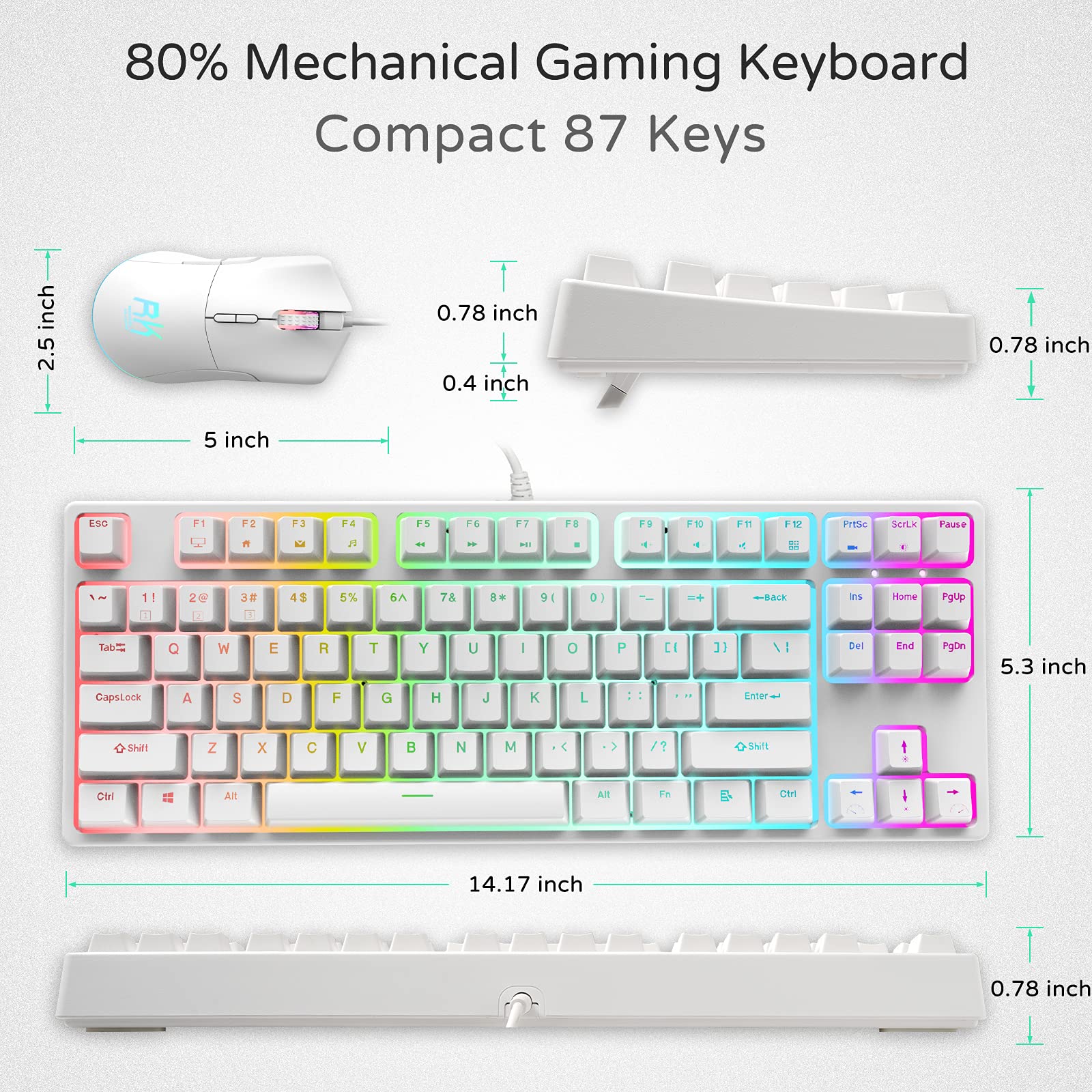 RK ROYAL KLUDGE Gaming Keyboard and Mouse Combo, Wired TKL Mechanical Keyboard and RGB 7200 DPI Mice, 87 Keys Computer Keyboard with Programmable Macro, Brown Switches-White Set