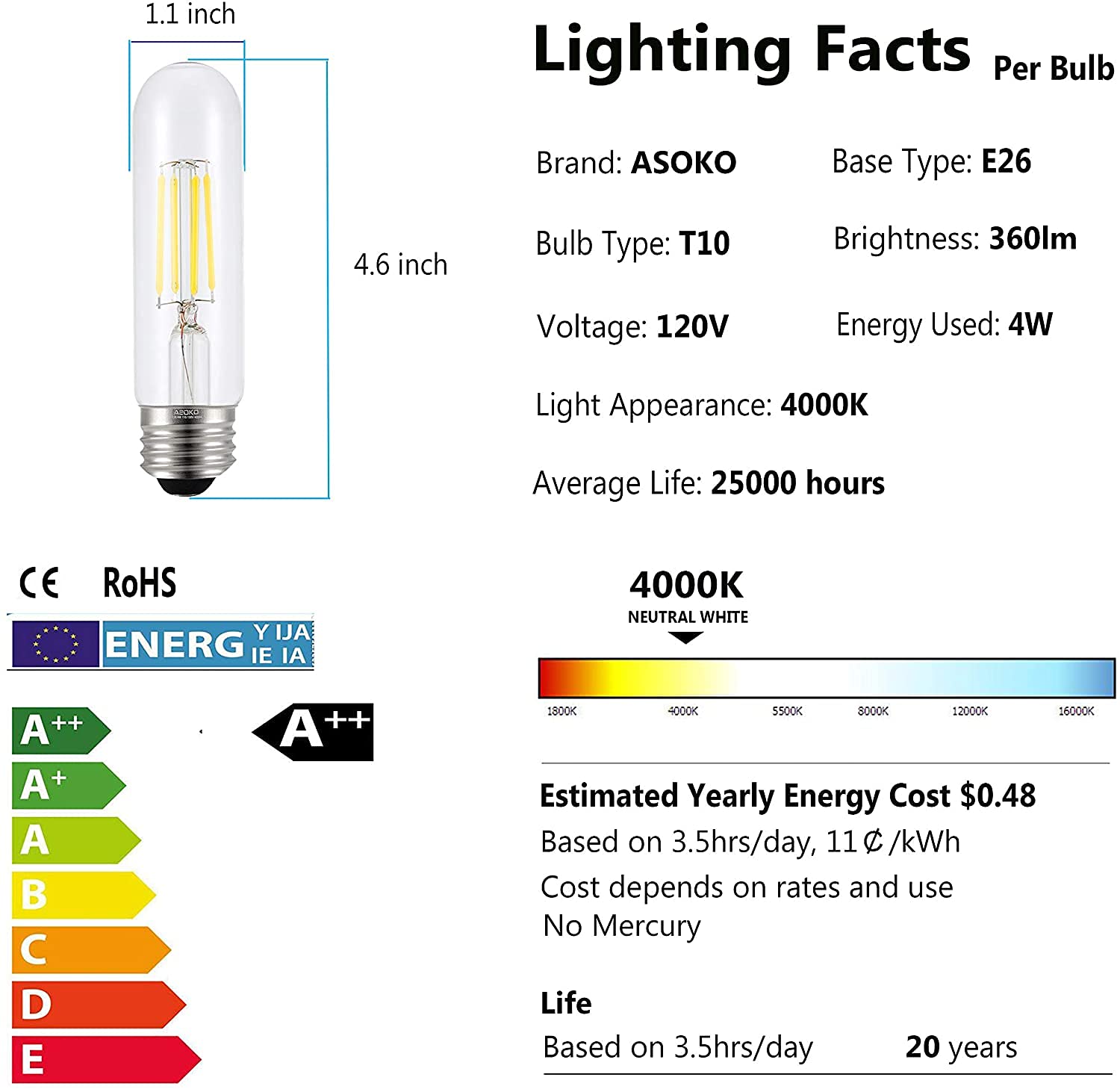 T10 LED Bulbs Daylight 4000K LED Tubular Edison Light Bulbs 4W Dimmable Tube Vintage Led Bulbs 40 Watt Equivalent,E26 Medium Base, LED Filament Retro Bulb for Desk Lamp, (6-Pack), 6 Count (Pack of 1)