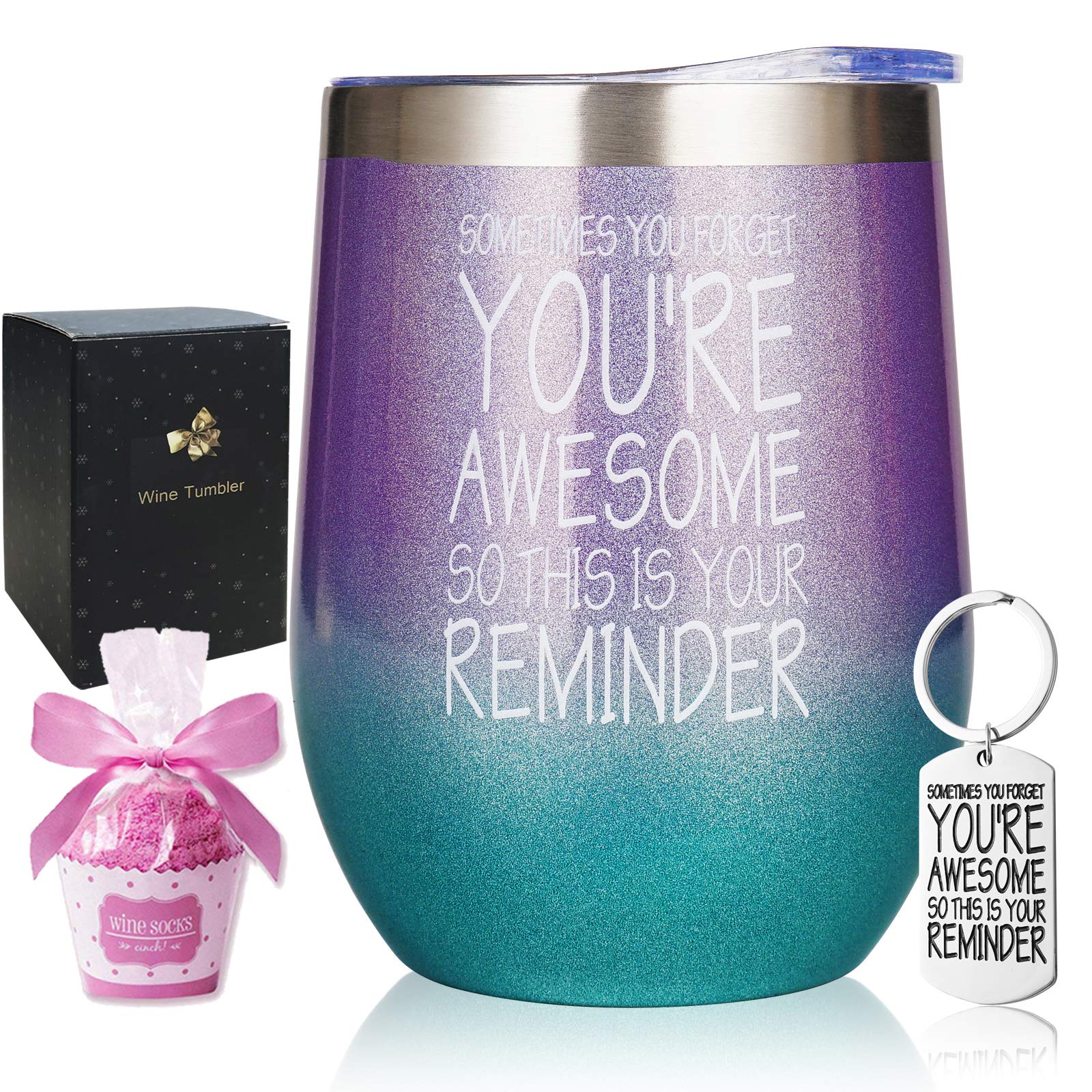 Sometimes You Forget That You are Awesome, Thank You Gifts, Funny Inspirational Birthday Graduation Gifts for Women, Coworker, Friends 12oz Vacuum Insulated Tumbler with Keychain Sock