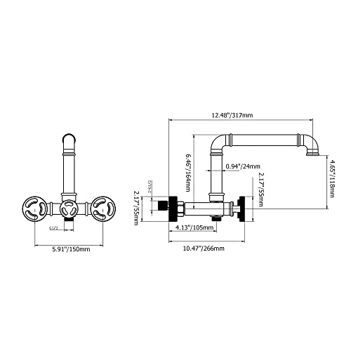 Yawhite Modern Industrial Pipe Wall Mounted Bathtub Filler Faucet with Hand Shower ,3-Handle Tub Faucet Swivel Spout Kit,High Pressure Rough in Valve Solid Brass Black