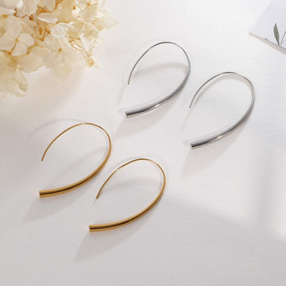 Open Hoop Earrings - Upside Down Threader Earrings, Surgical Titanium Steel Hypoallergenic (Silver)