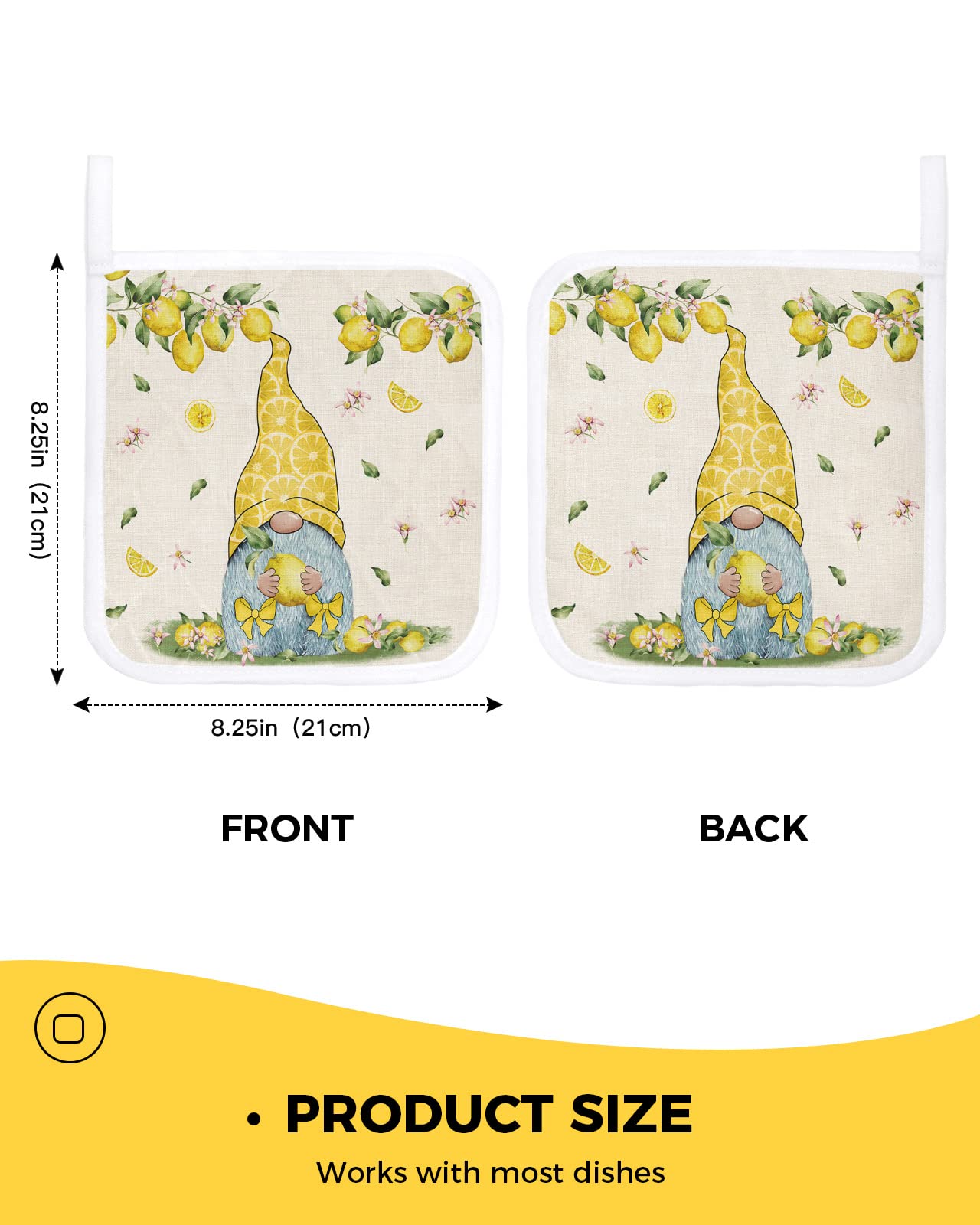 Pot Holder Set of 2 Vintage Farm Gnomes Rural Lemon Green Leaf Potholder Heat Proof Non-Slip Pot Holders,Retro Linen Hot Pads Potholders for Kitchen Cooking Baking BBQ