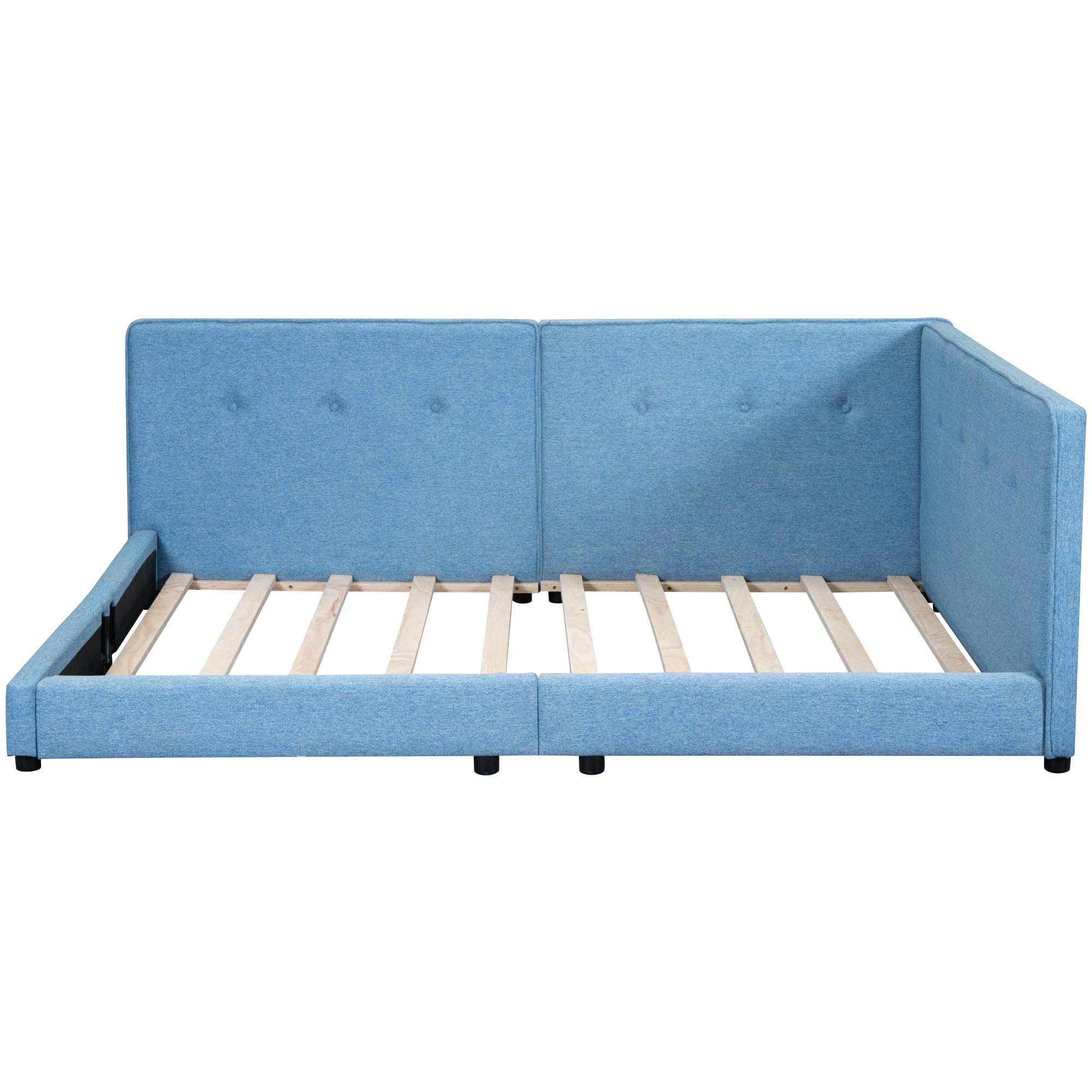 Modern Upholstered Queen Size Platform Bed with USB Ports, Linen Wooden Daybed/Sofa Bed/Low Floor Bed Frame with Backrests for Boys Girls Teens Adults, No Box Spring Needed
