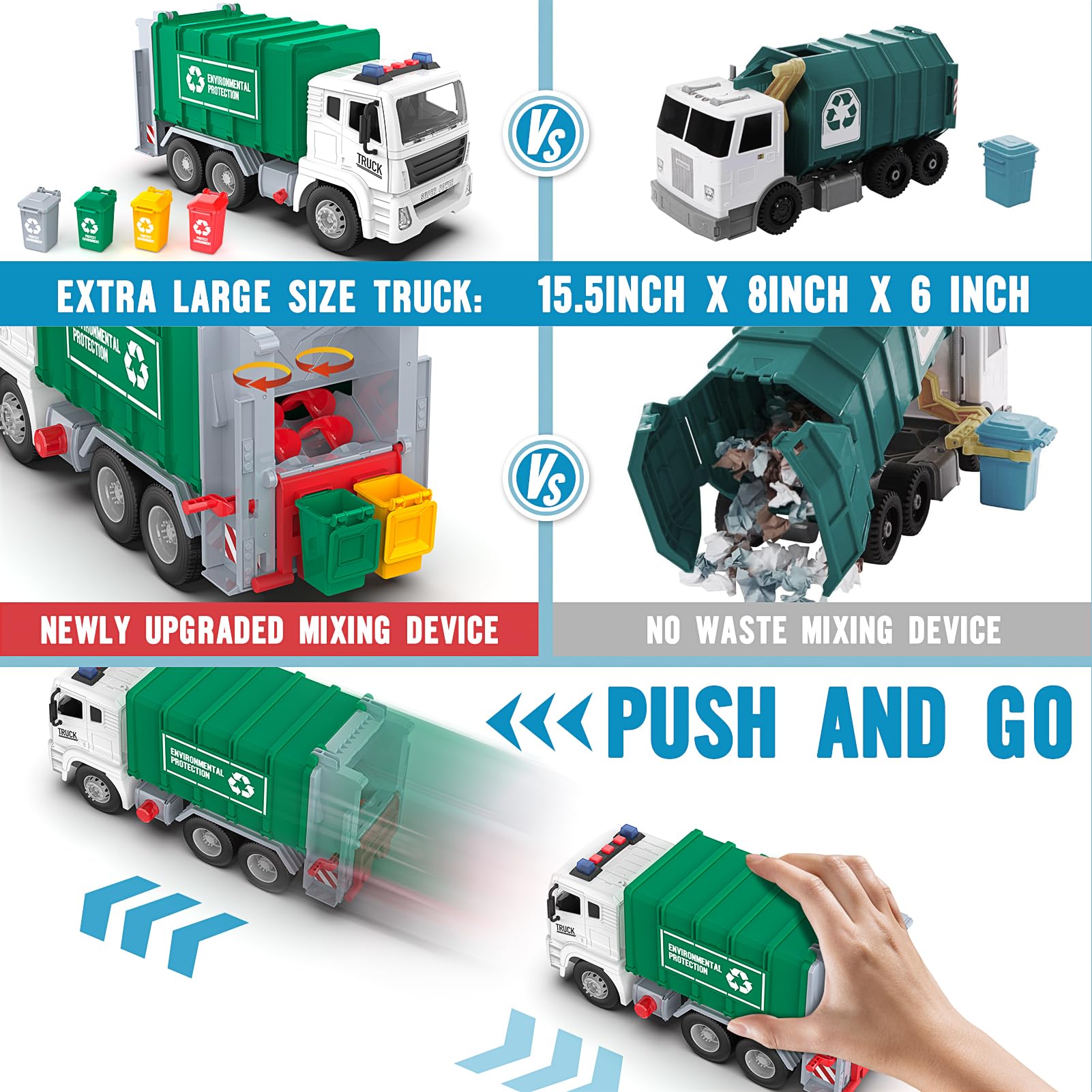 Moritakk 15.5" Large Garbage Truck Toys for 3 4 5 6 7 8 Year Old Boys,Back Dump Garbage Recycling Garbage Truck Toy with 4 Rear Loader Trash Cans,Christmas Birthday Sound Gift for Kids 3+