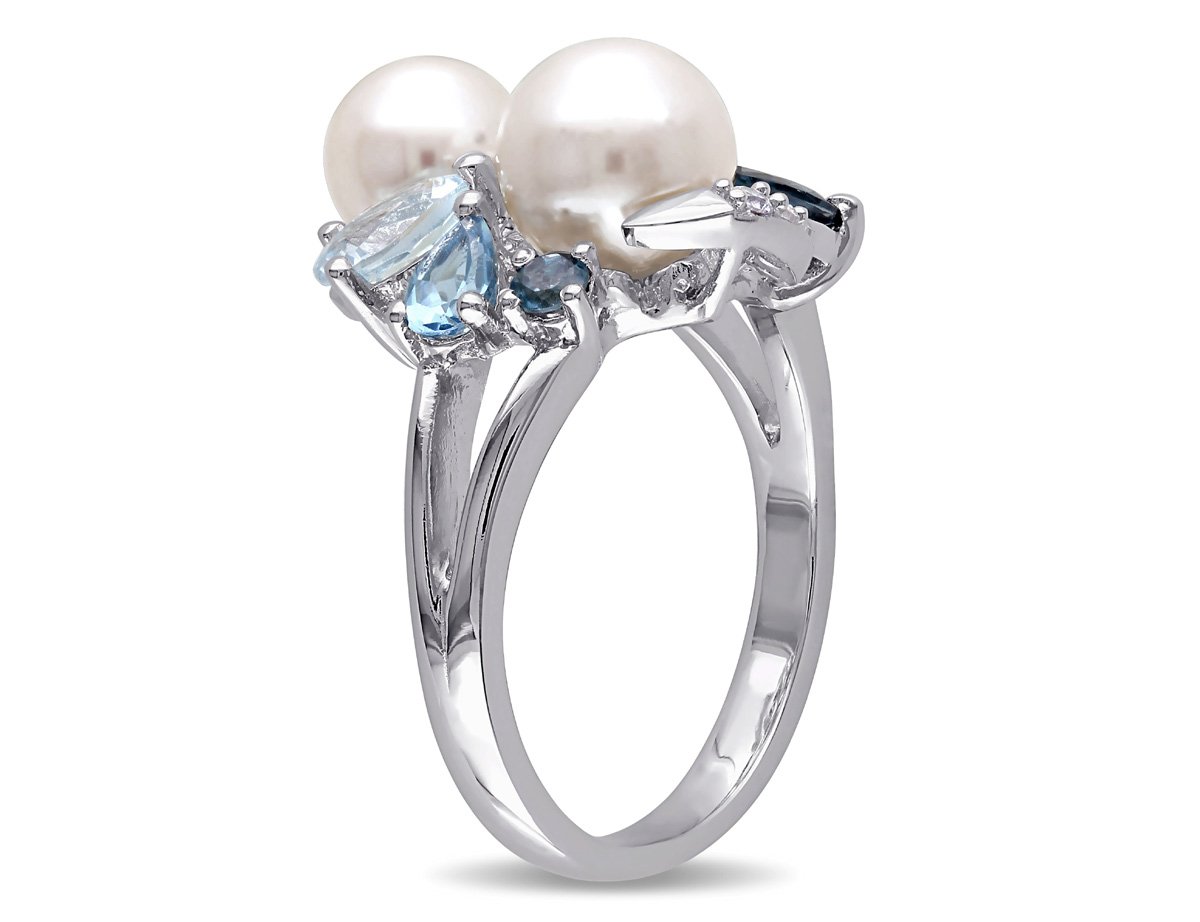 White Freshwater Cultured Pearl with London, Swiss and Sky Blue Topaz and Created White Sapphire Ring In Sterling Silver