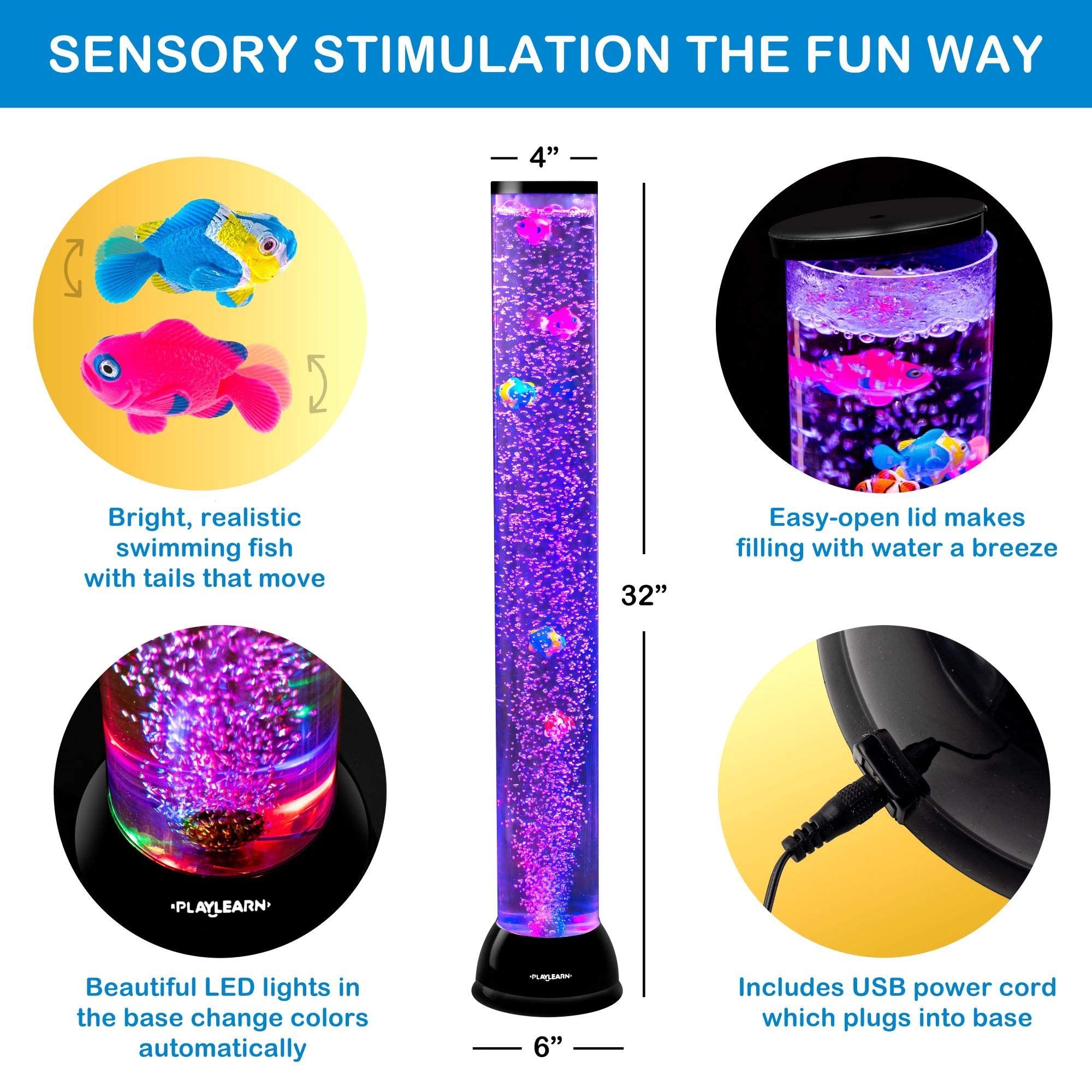 Playlearn 2.7ft Sensory Bubble Tube - 8 Fake Fish - 8 Color Changing LED Lights - Fake Fish Tank Bubble Lamp