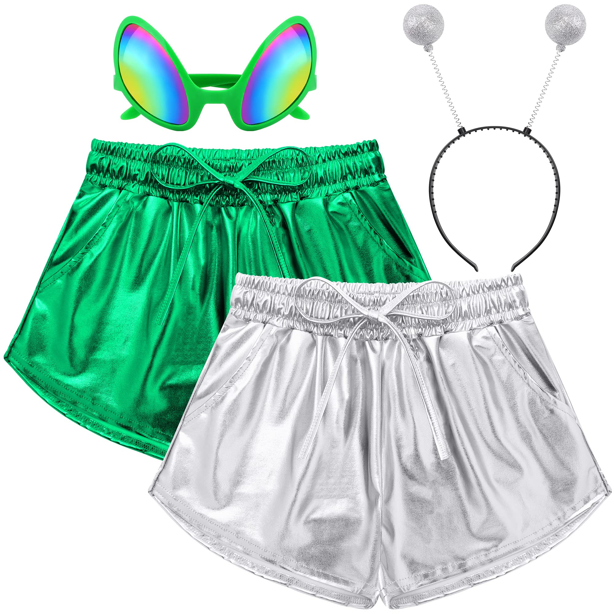 SOMSOC 2 Pack Halloween Women's Metallic Drawstring Shorts Hot Shiny Sparkly Rave Yoga Pants with Alien Headband Glasses