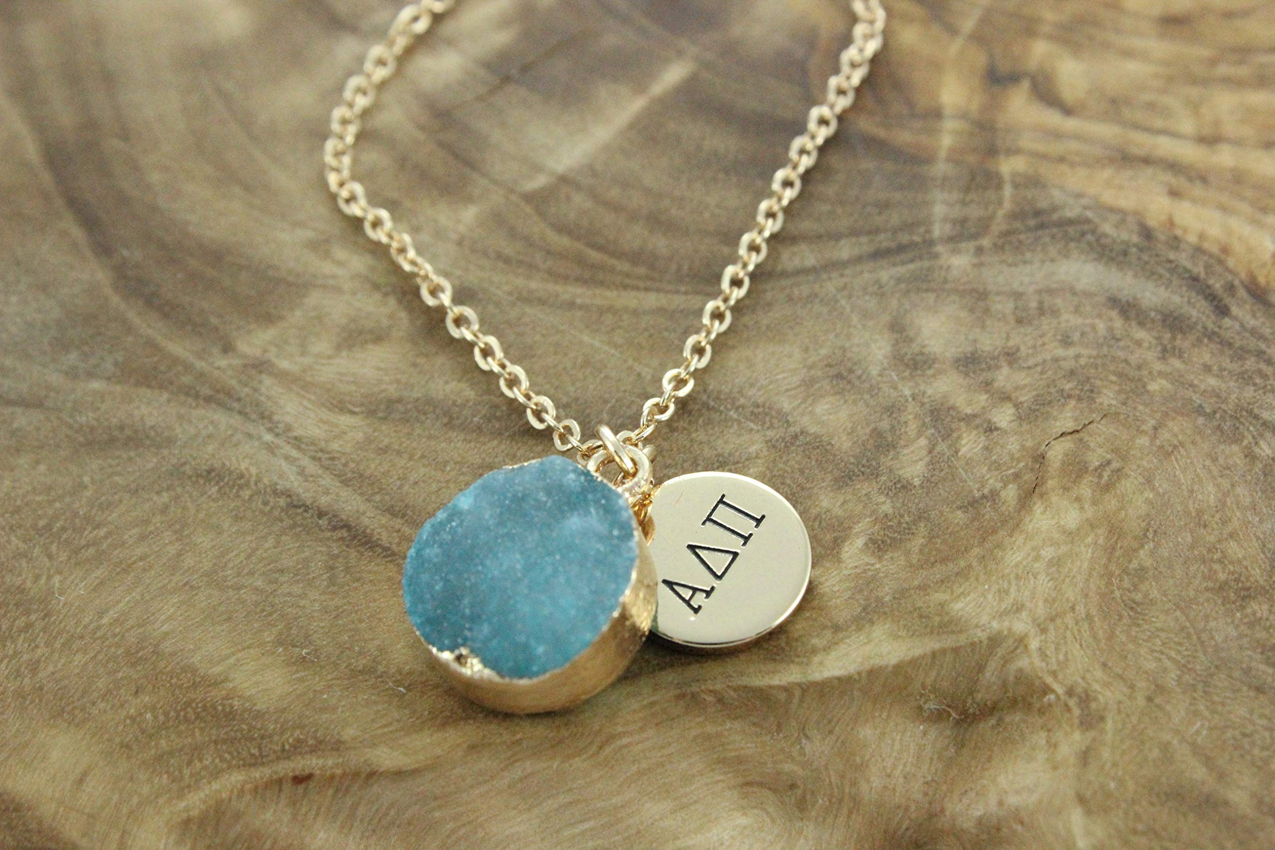 Sorority Shop ADP Necklace - Alpha Delta Pi Blue Druzy Gemstone Necklace With Engraved Pendant β 14K Gold Dipped Jewelry with Blue Gemstone β Sorority Gift, Charm Paraphernalia