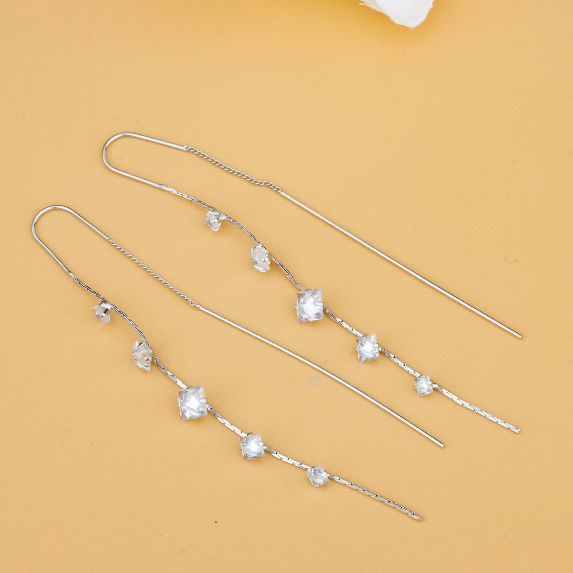 Threader Dangle Earring Long Chain Twist Curved Tassel Earring Star Butterfly Cubic Zirconia Gold Silver Drop Earring for Women Girl (Threader Earring-D)